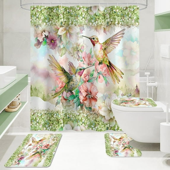 4 Pcs Green Hummingbird Flower Shower Curtain Sets with Rugs for ...