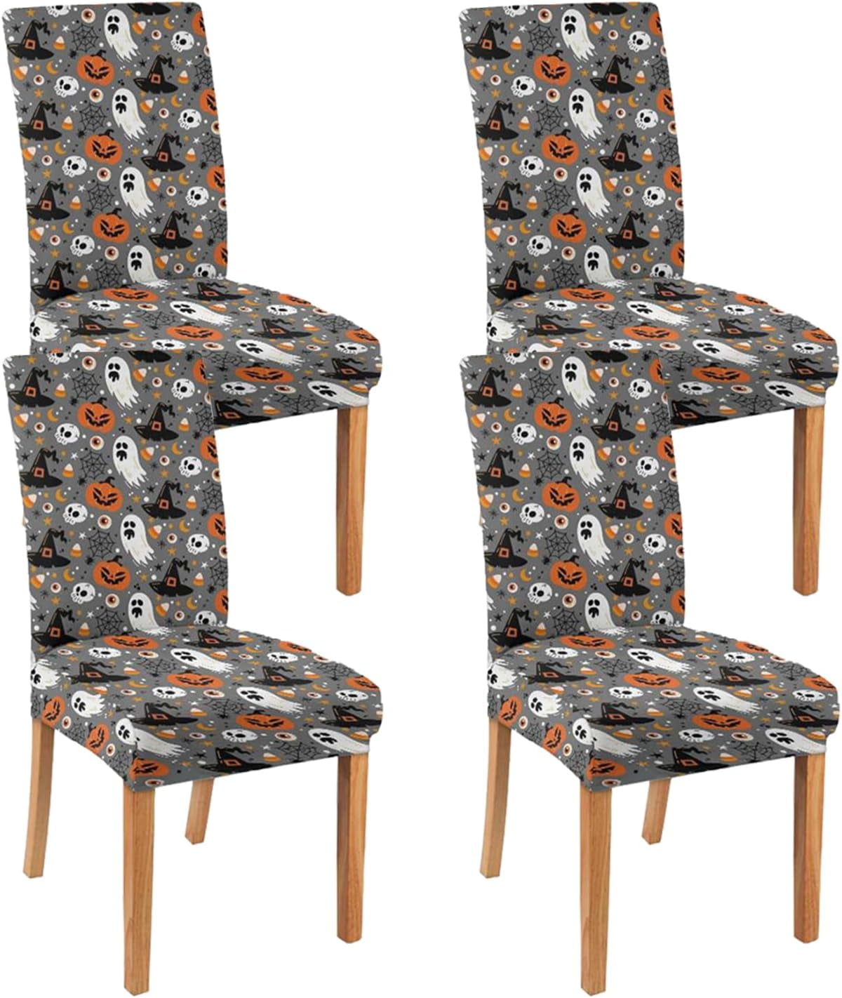 4 Pcs Halloween Dining Chair Covers, Cute Ghost Cartoon Pumpkin Skull ...