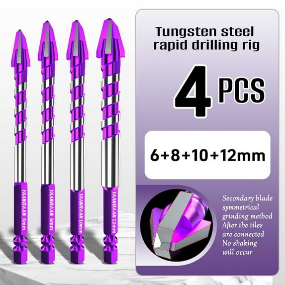 4 Pcs Heavy Duty Tile Drill Bit Set, Carbide Tipped Masonry Drill Bits ...