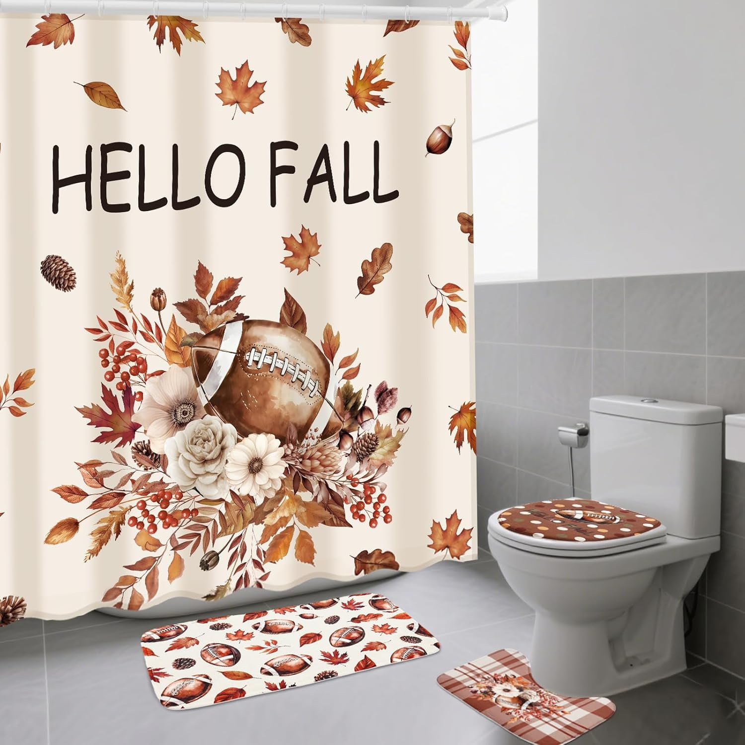 4 Pcs Hello Fall Shower Curtain Sets 72" x 72" Autumn Football Bathroom ...