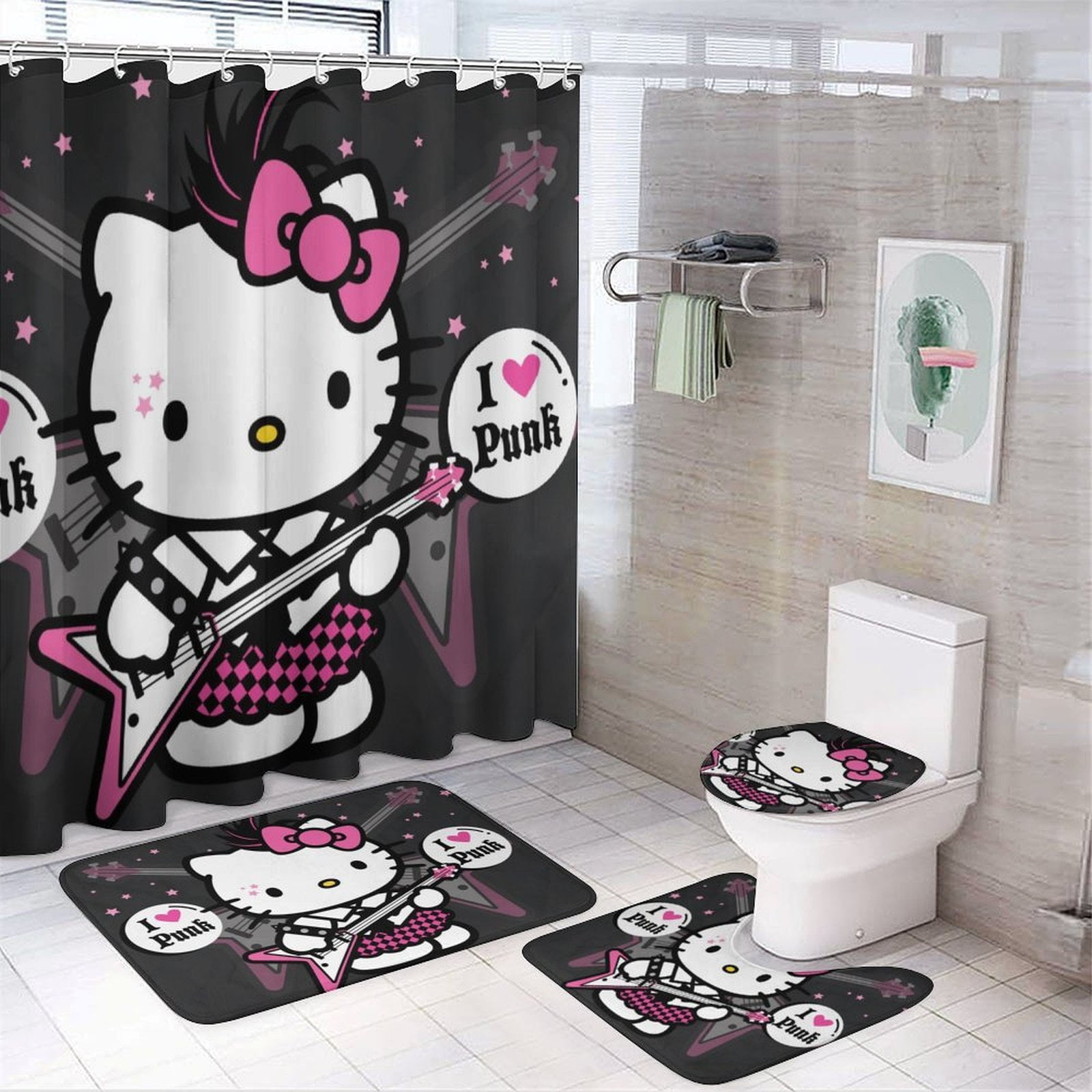 4 Pcs Hello Kitty Bathroom Shower Curtain Sets, Polyester Shower ...