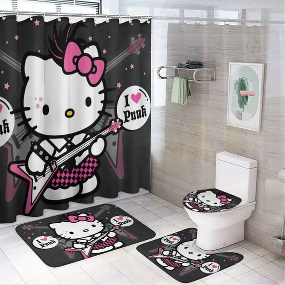 4 Pcs Hello Kitty Bathroom Shower Curtain Sets, Polyester Shower ...