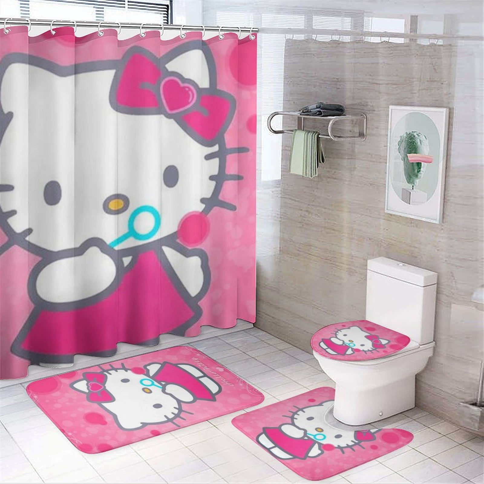 4 Pcs Hello Kitty Cat Bathroom Sets with Shower Curtain And Rugs ...