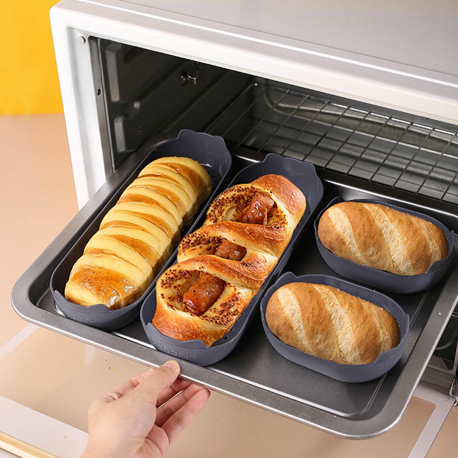 4 Pcs Hot Dog Buns Mold, Silicone Non-stick Flexiform Baking Pan, 9 inch Hotdog Shaped Bread ...