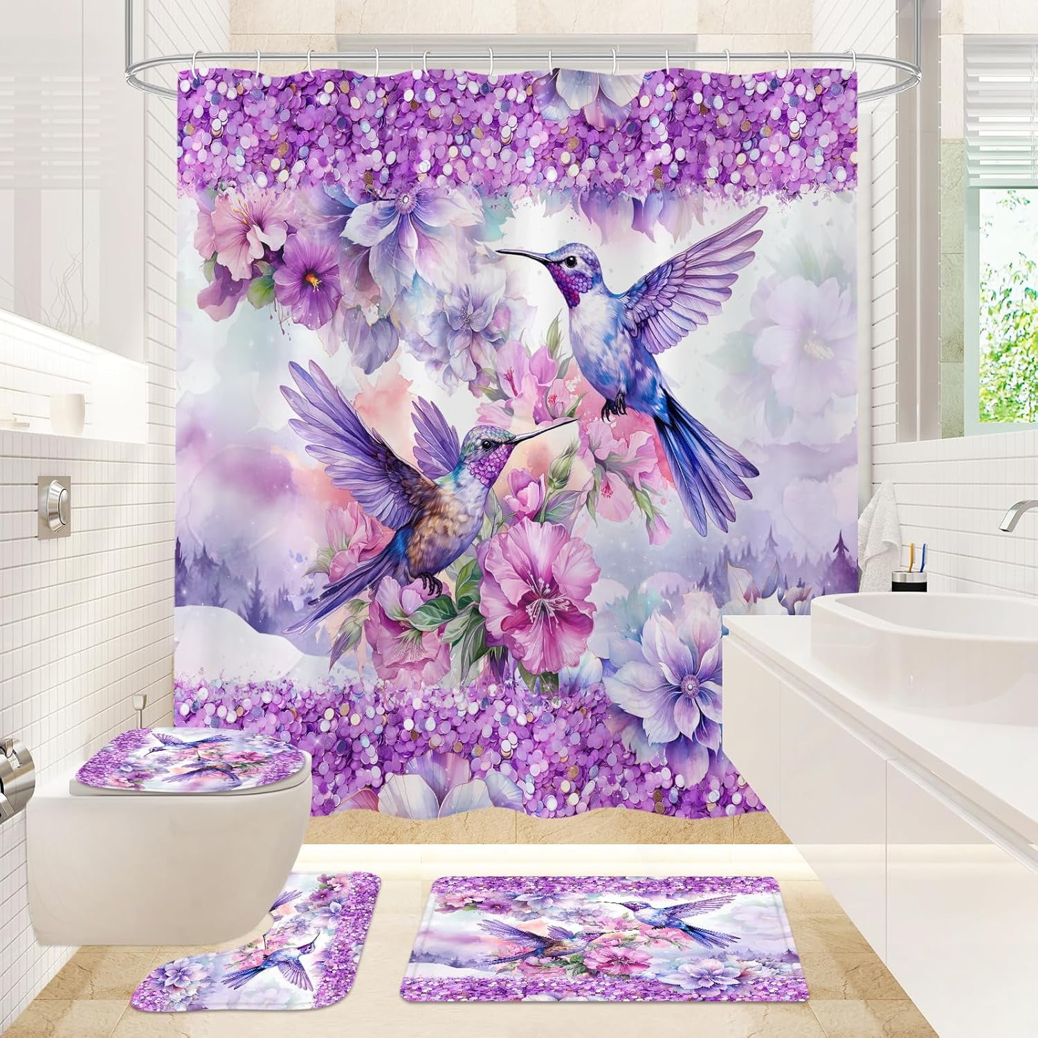 4 Pcs HummingBird Floral Shower Curtain Set with Toilet Lid Cover and ...
