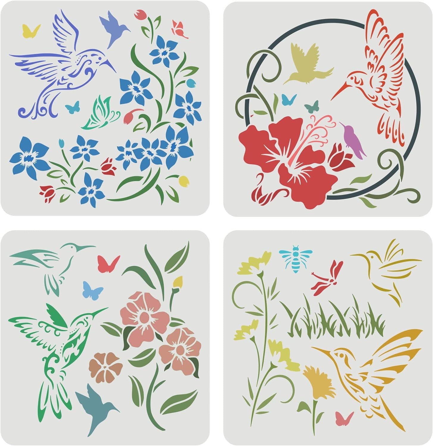 4 Pcs Hummingbird Flowers Stencils 11.8x11.8inch Large Size Bird Floral ...