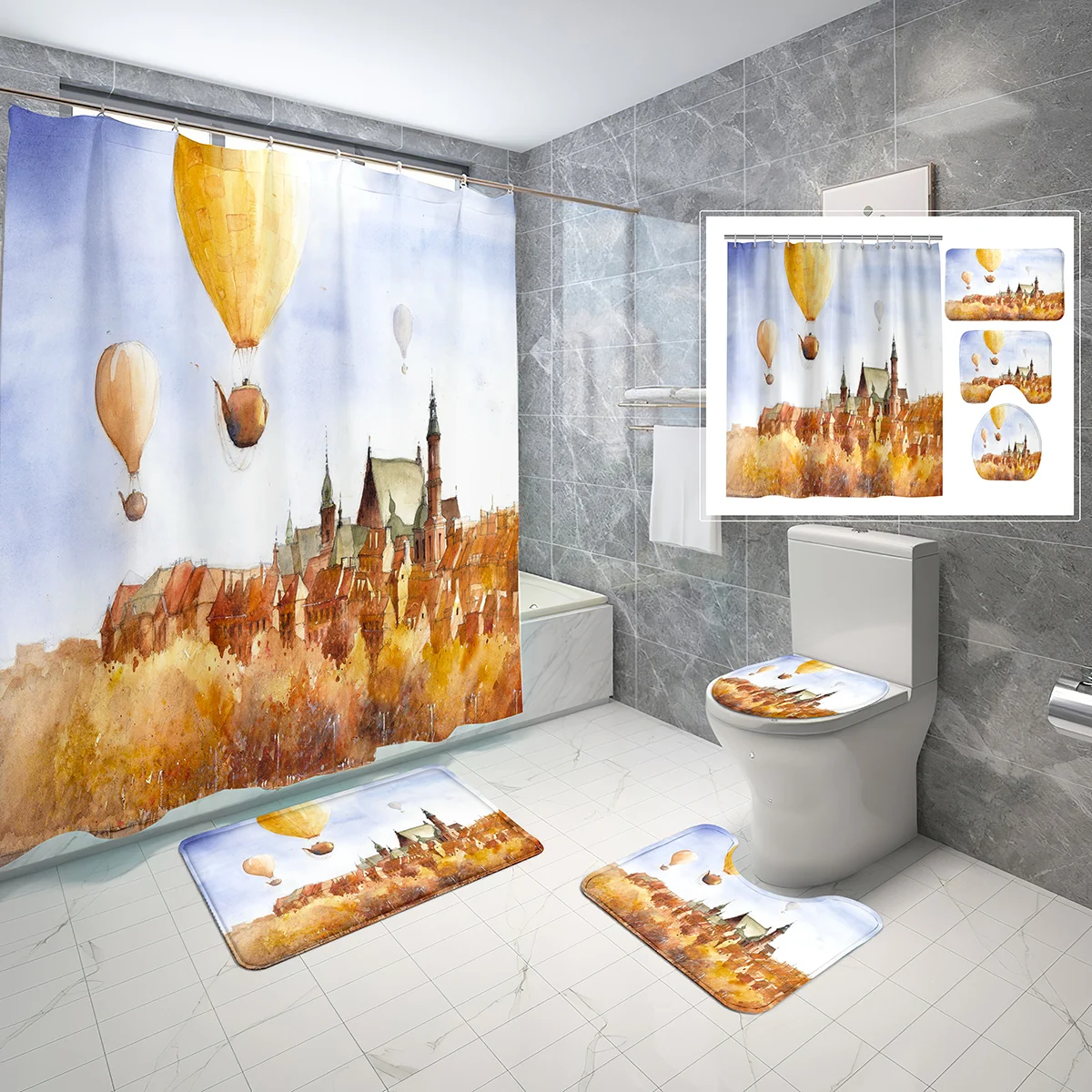 4 Pcs Ink Painting Shower Curtain Set with Toilet Lid Cover Non-Slip ...