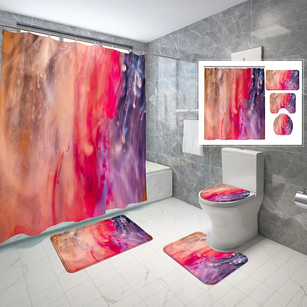 4 Pcs Ink Painting Shower Curtain Set with Toilet Lid Cover Non-Slip ...