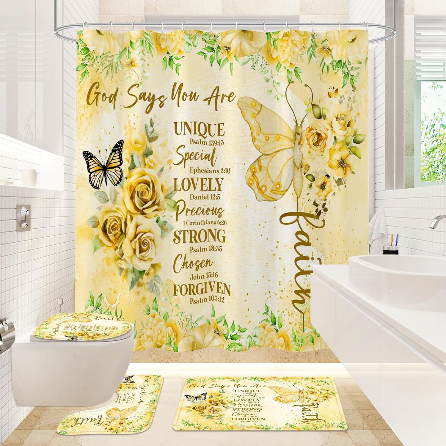 4 Pcs Inspirational Quotes Butterfly Shower Curtain Set with Rugs and ...