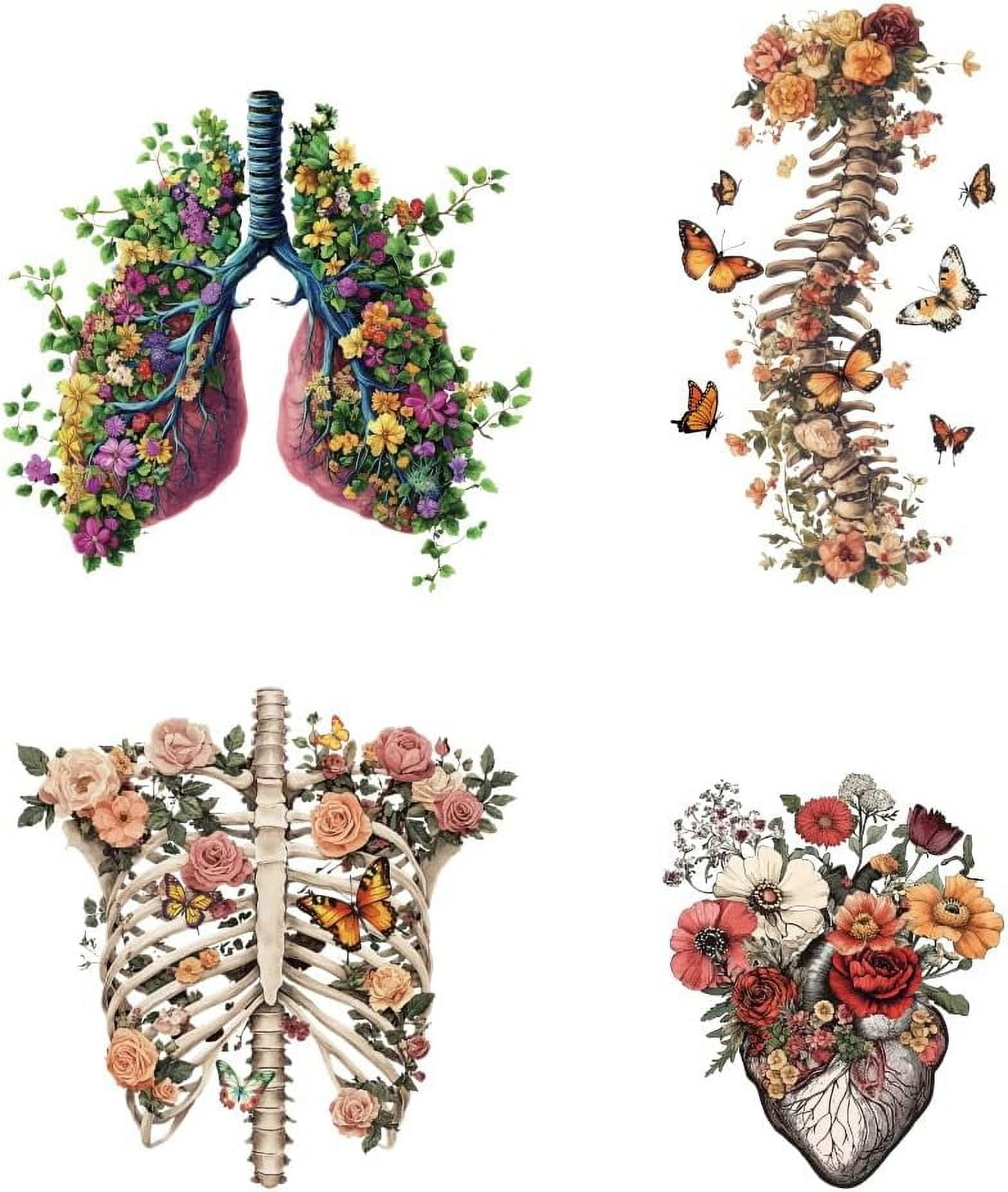 4 Pcs Iron on Decals Patches 4 Sizes Plant Flower Lungs Human Spine ...