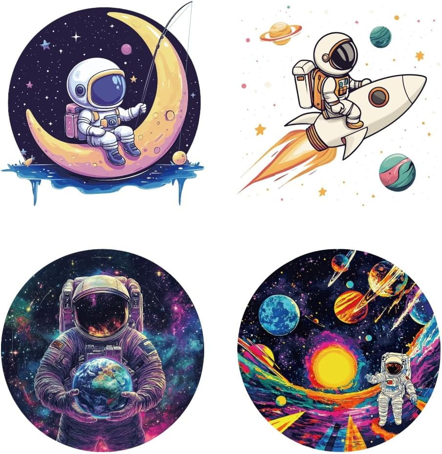 4 Pcs Iron on Decals Patches 4 Sizes Cosmic Planets Iron on Stickers Astronauts Rockets Moon ...
