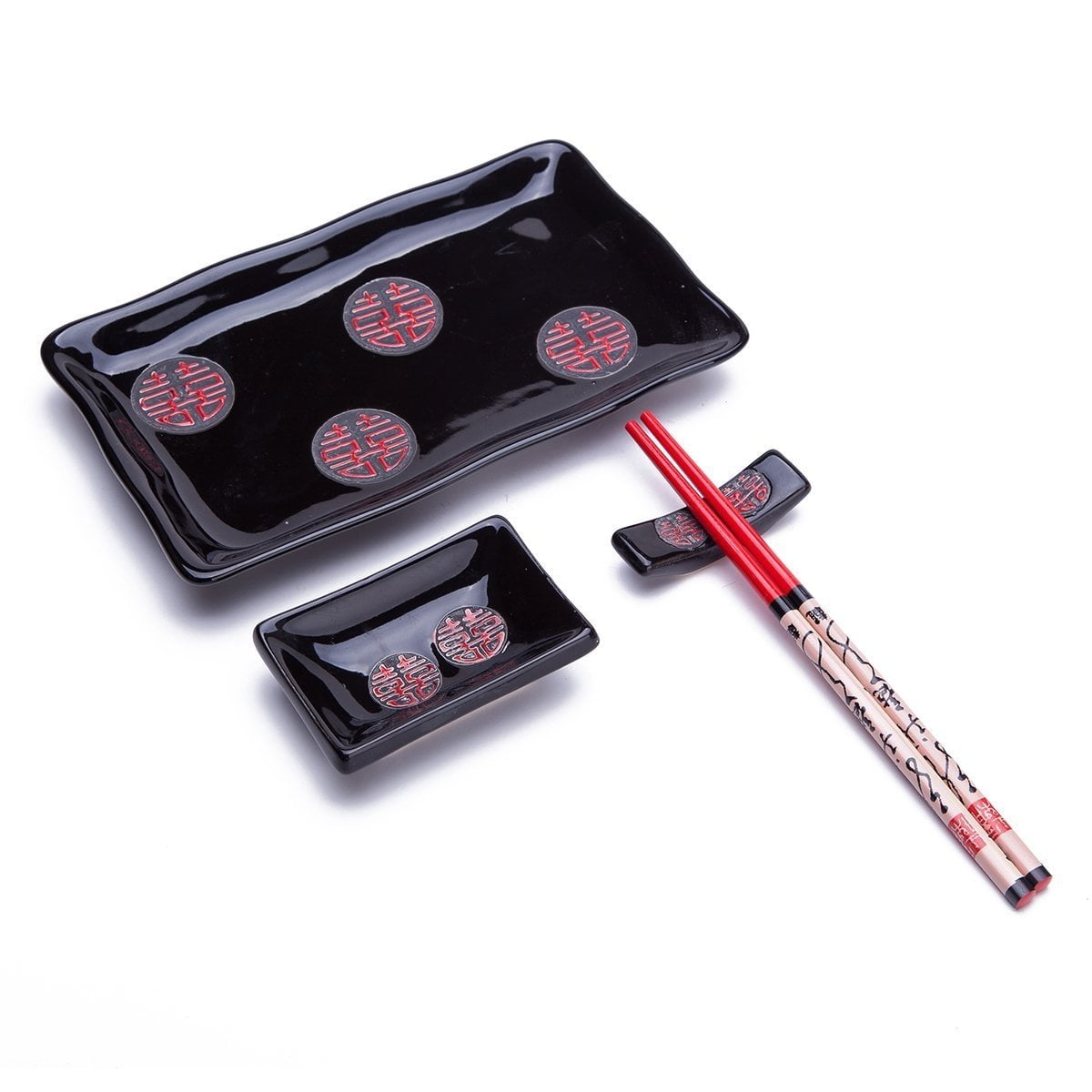 4 Pcs Japanese Sushi Plate Dinnerware Set Black With Chinese Double ...