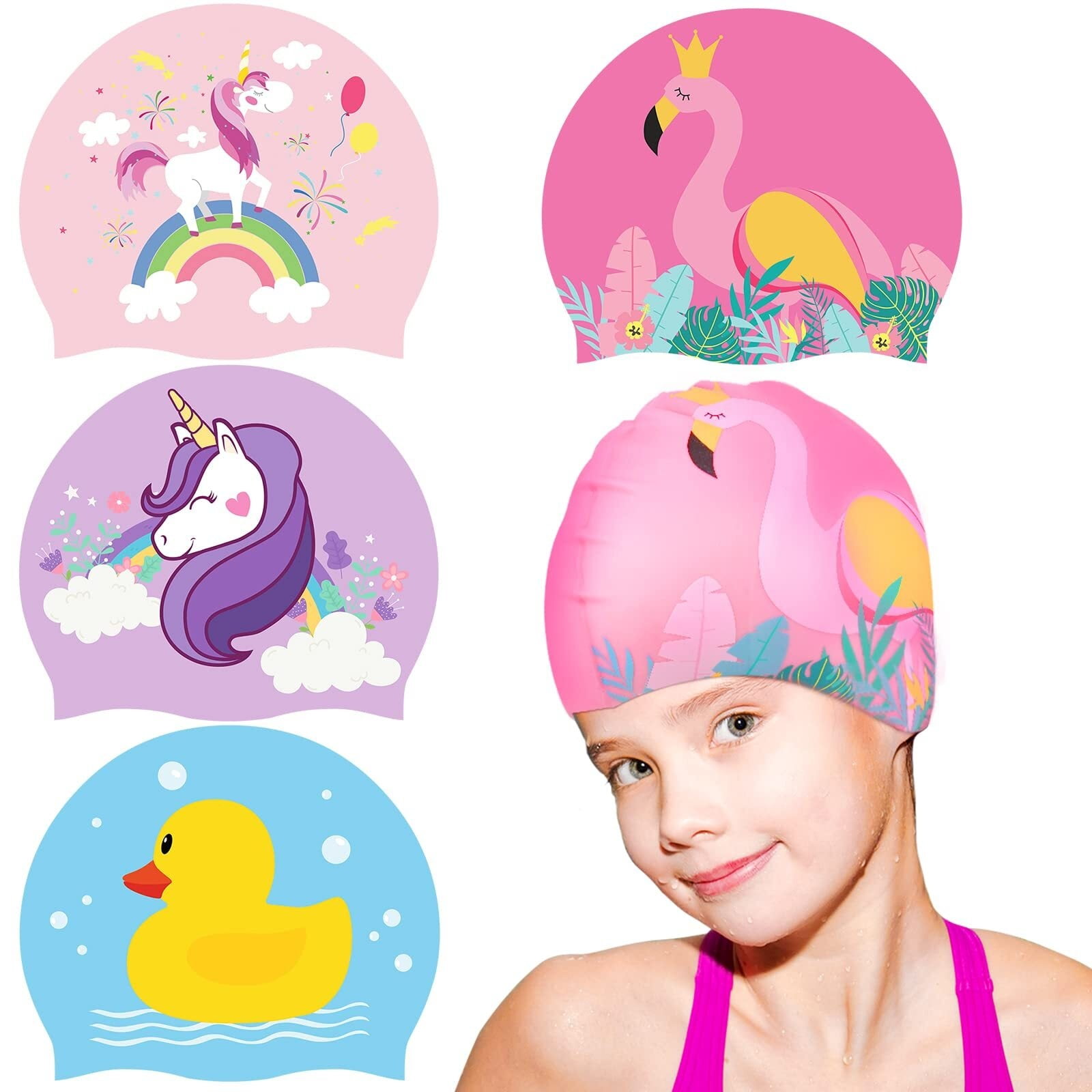 4 Pcs Kids Swim Cap Silicone Cute Swimming Hat for Girls Boys ...
