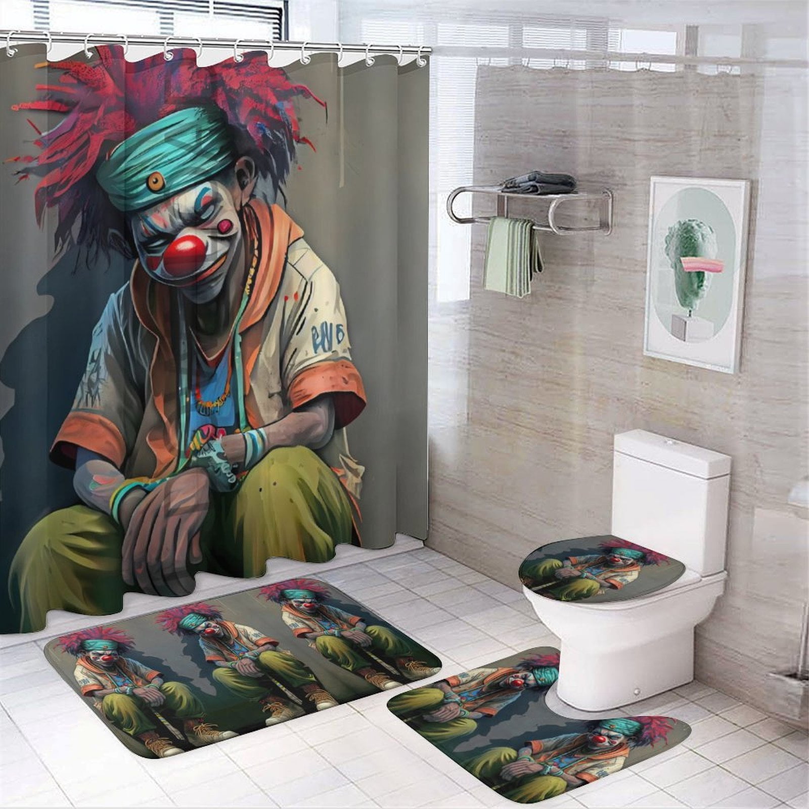 4 Pcs Killer Klowns from Outer Space Clown Shower Curtain Set with Rugs ...