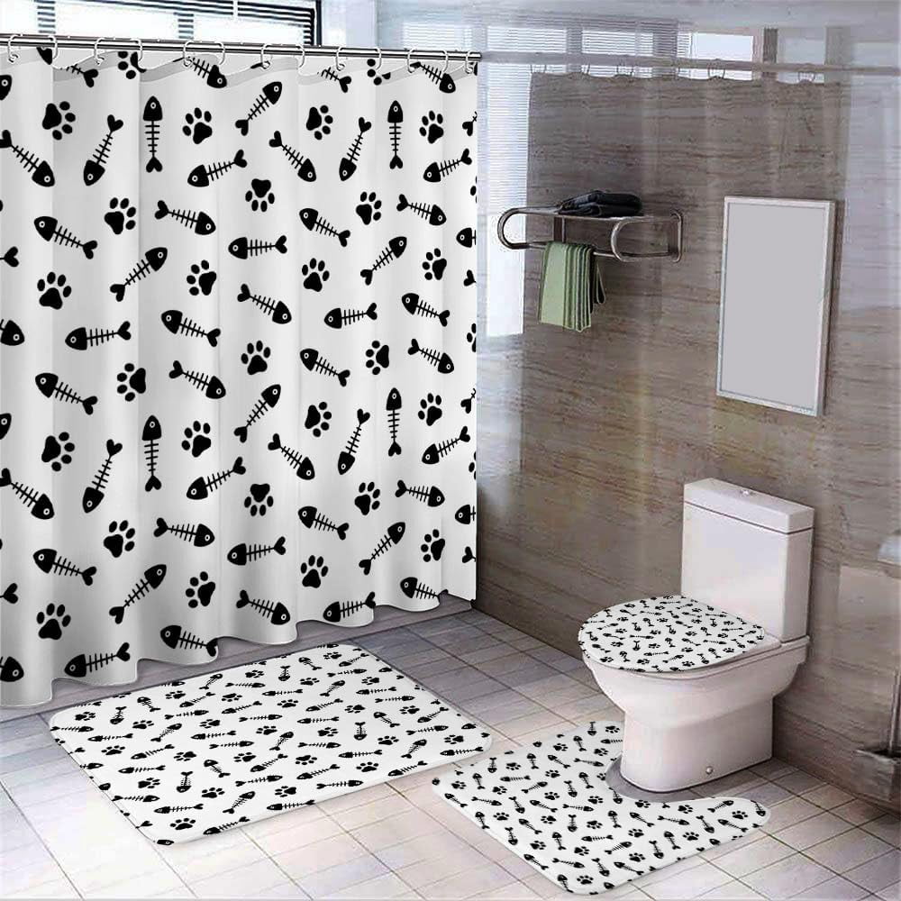 4 Pcs Kitten Theme Shower Curtain Set 70" Cat Bathroom Set Cat Paw Fish ...