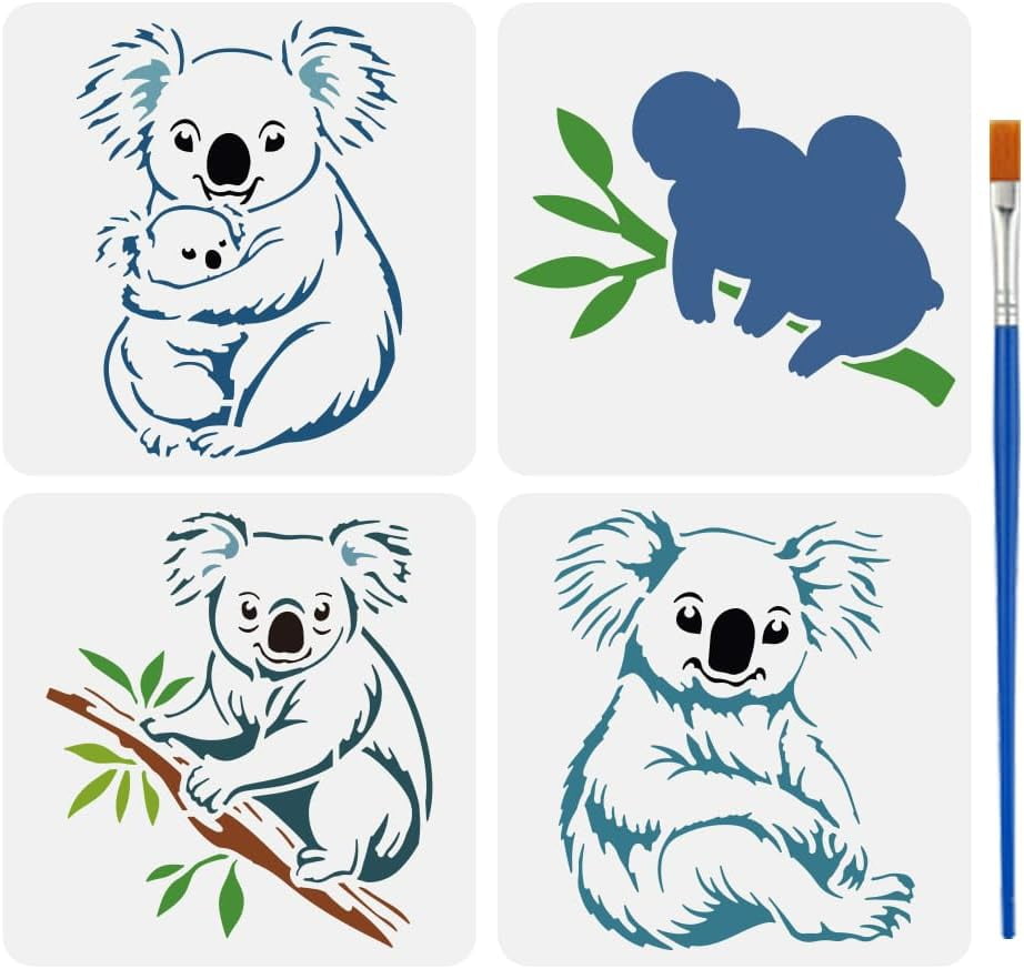 4 Pcs Koala Painting Stencil with Brush 5.9x5.9inch Koala on Tree ...