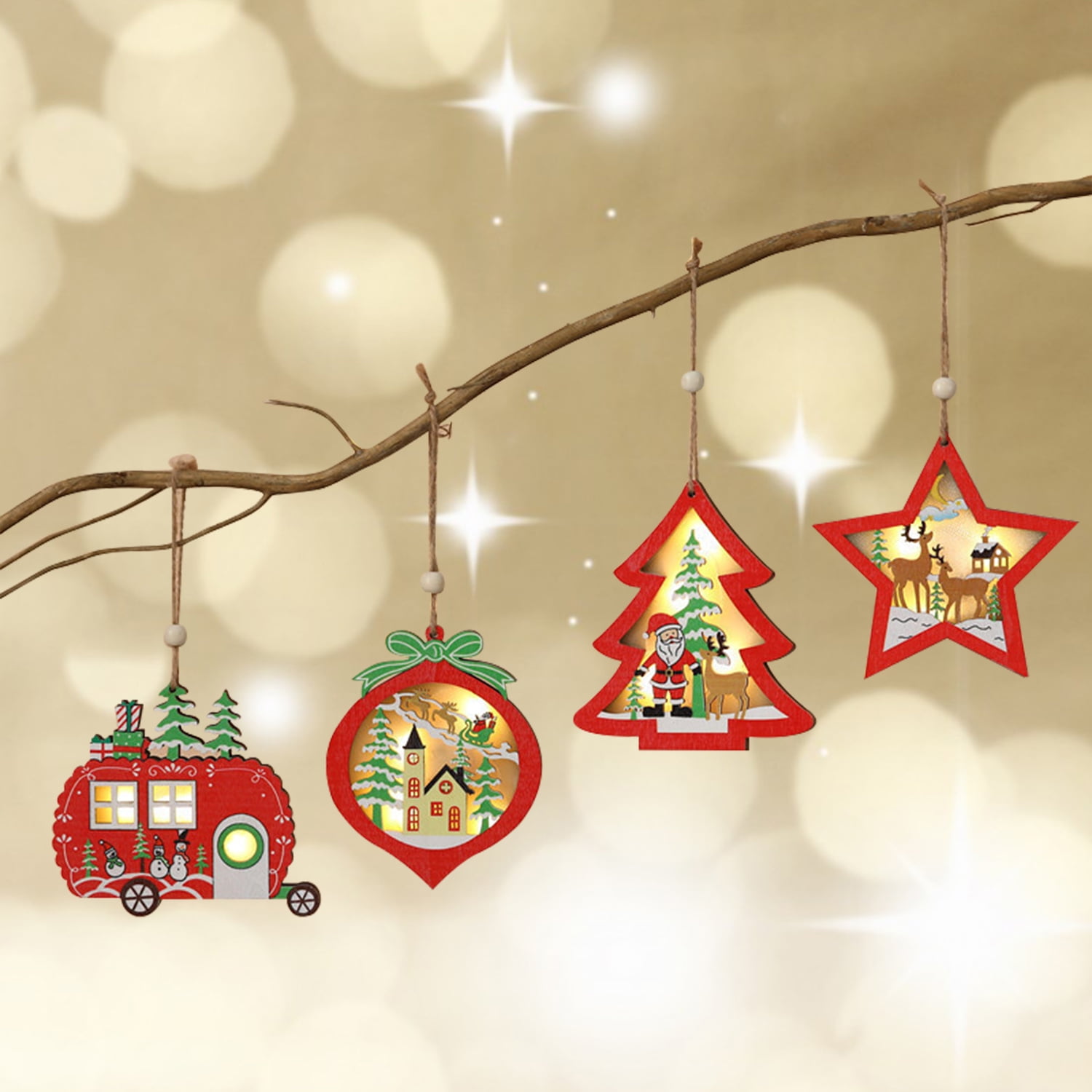 4 Pcs LED Wooden Christmas Ornaments Hanging Reindeer Ornaments for ...