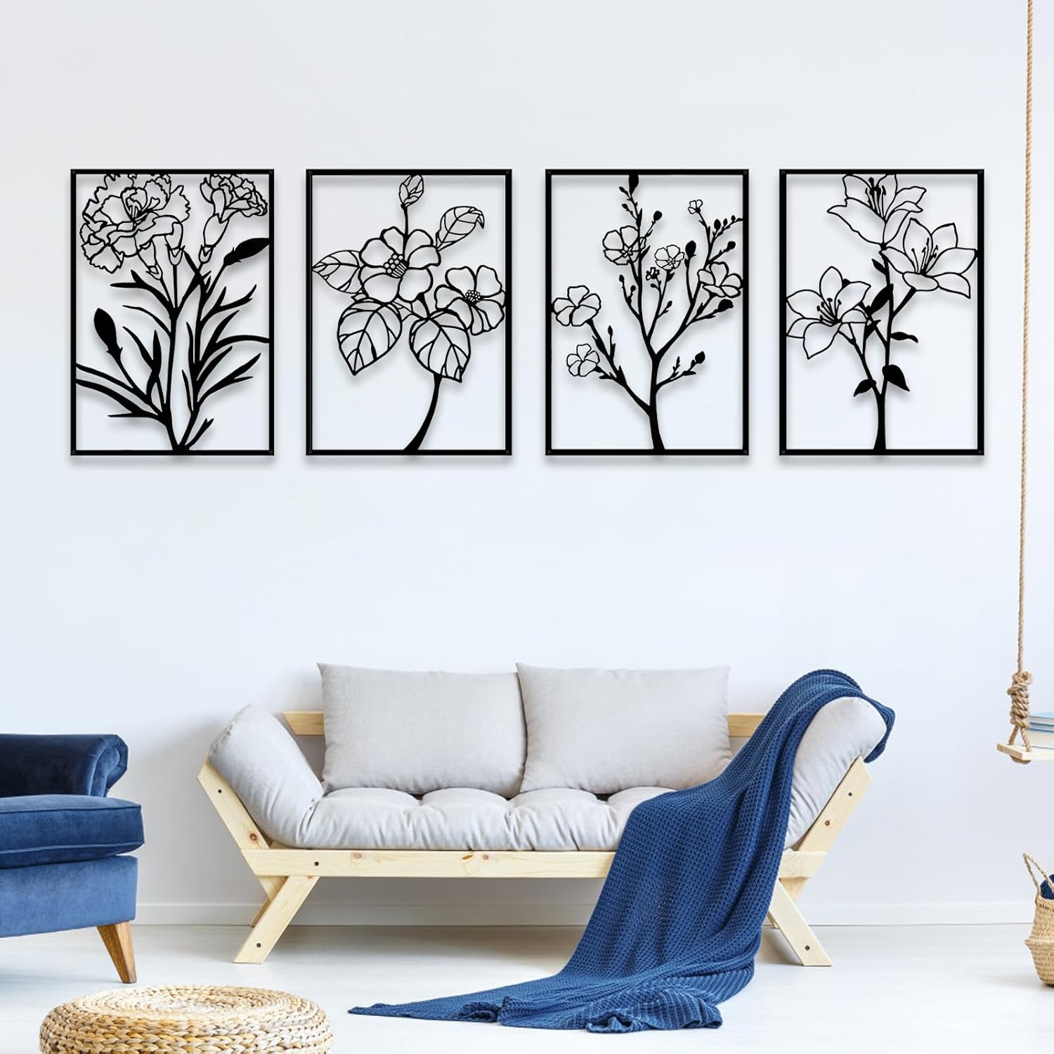 4 Pcs Large Black Metal Flower Wall Art, Abstract Line Art Wall Decor ...