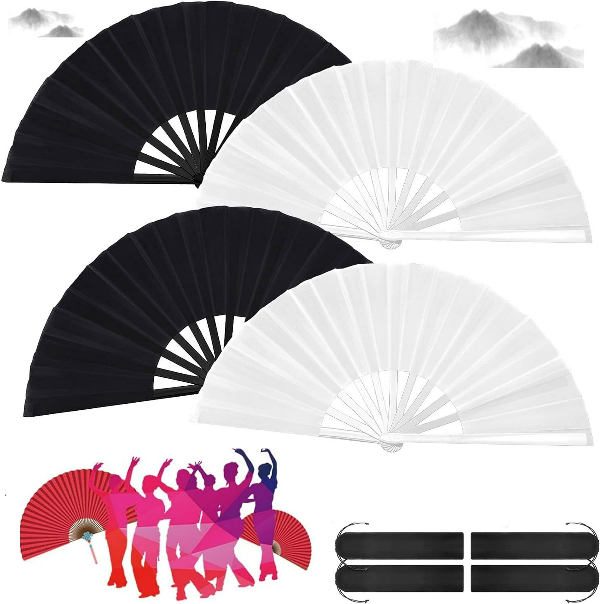 4 Pcs Large Chinese Folding Fans ,Large Folding Hand Silk Fans, Chinese ...
