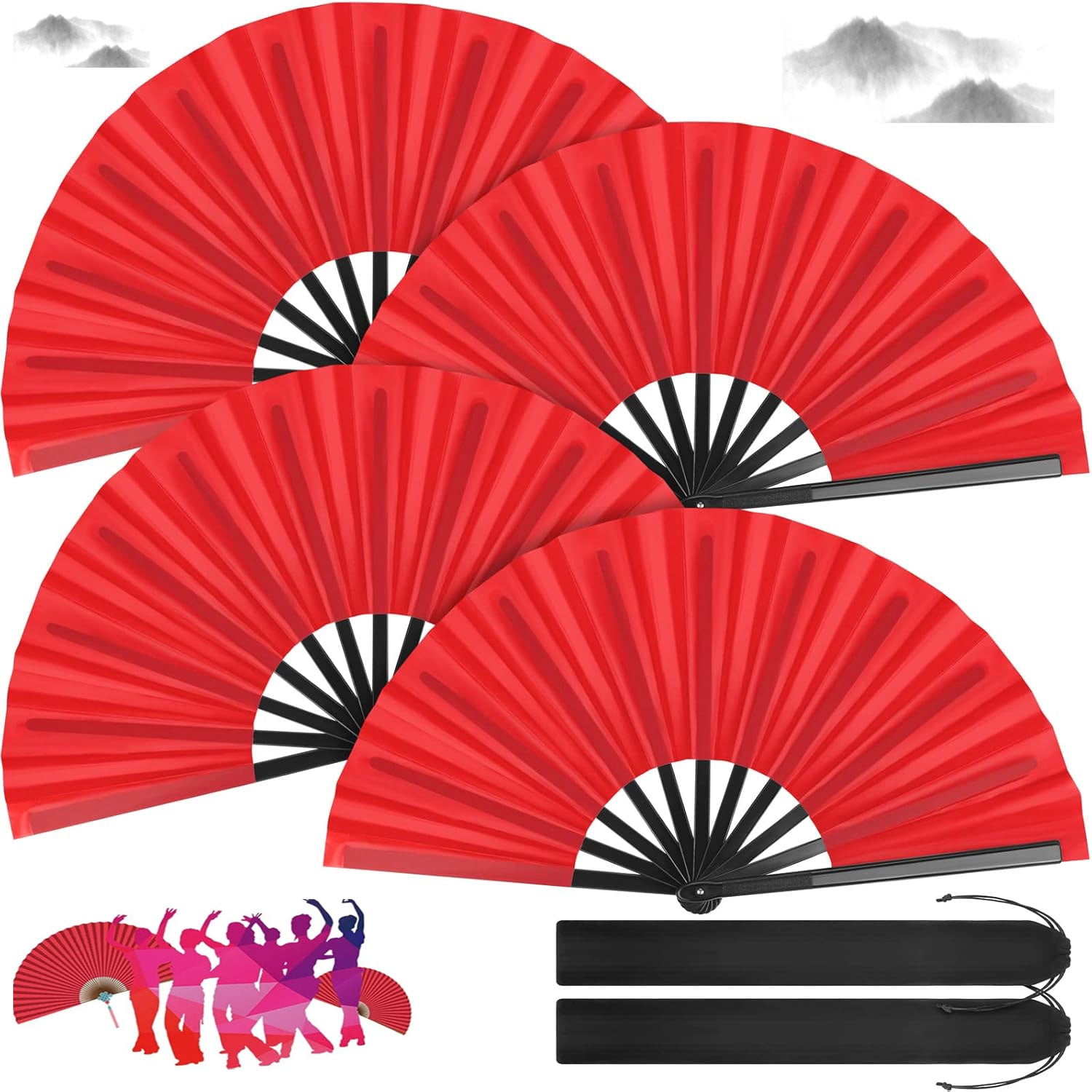 4 Pcs Large Chinese Folding Fans ,Large Folding Hand Silk Fans, Chinese ...