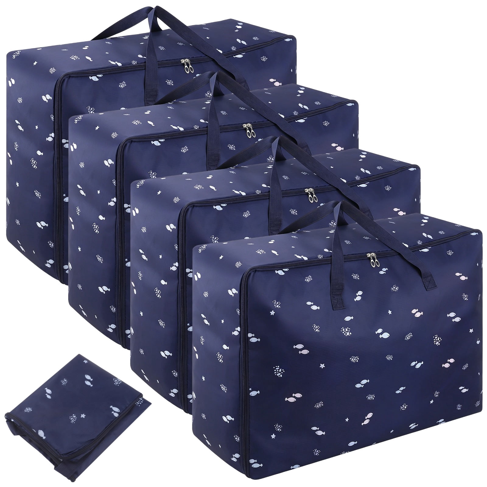 4 Pcs Large Clothes Storage Bags, 105 L Moving Bag with Blue Fish Print ...