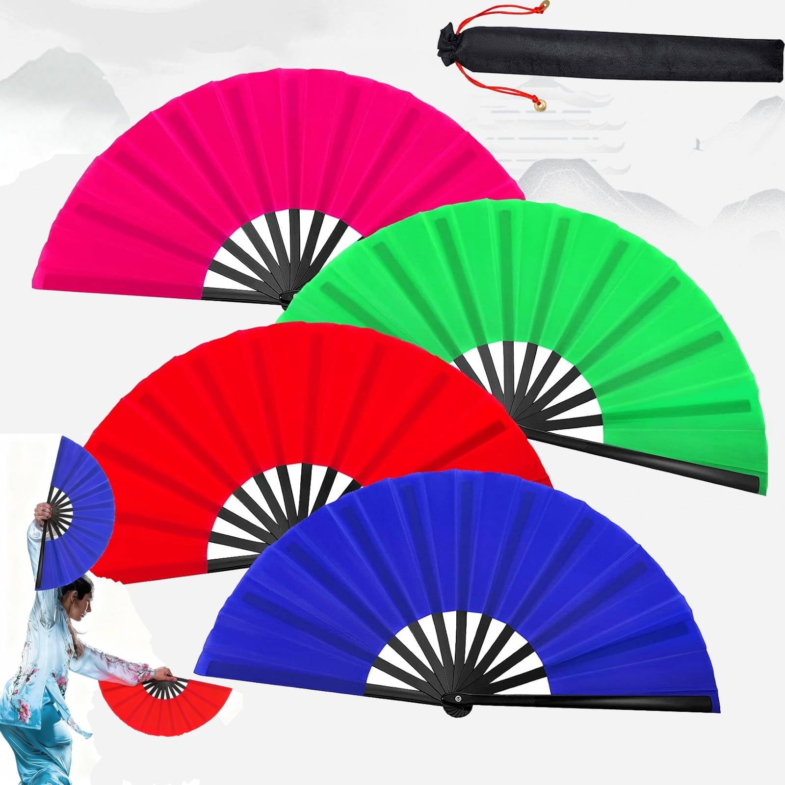 4 Pcs Large Folding Hand Fans, Chinese Handheld Tai Ji Fan, Silk ...