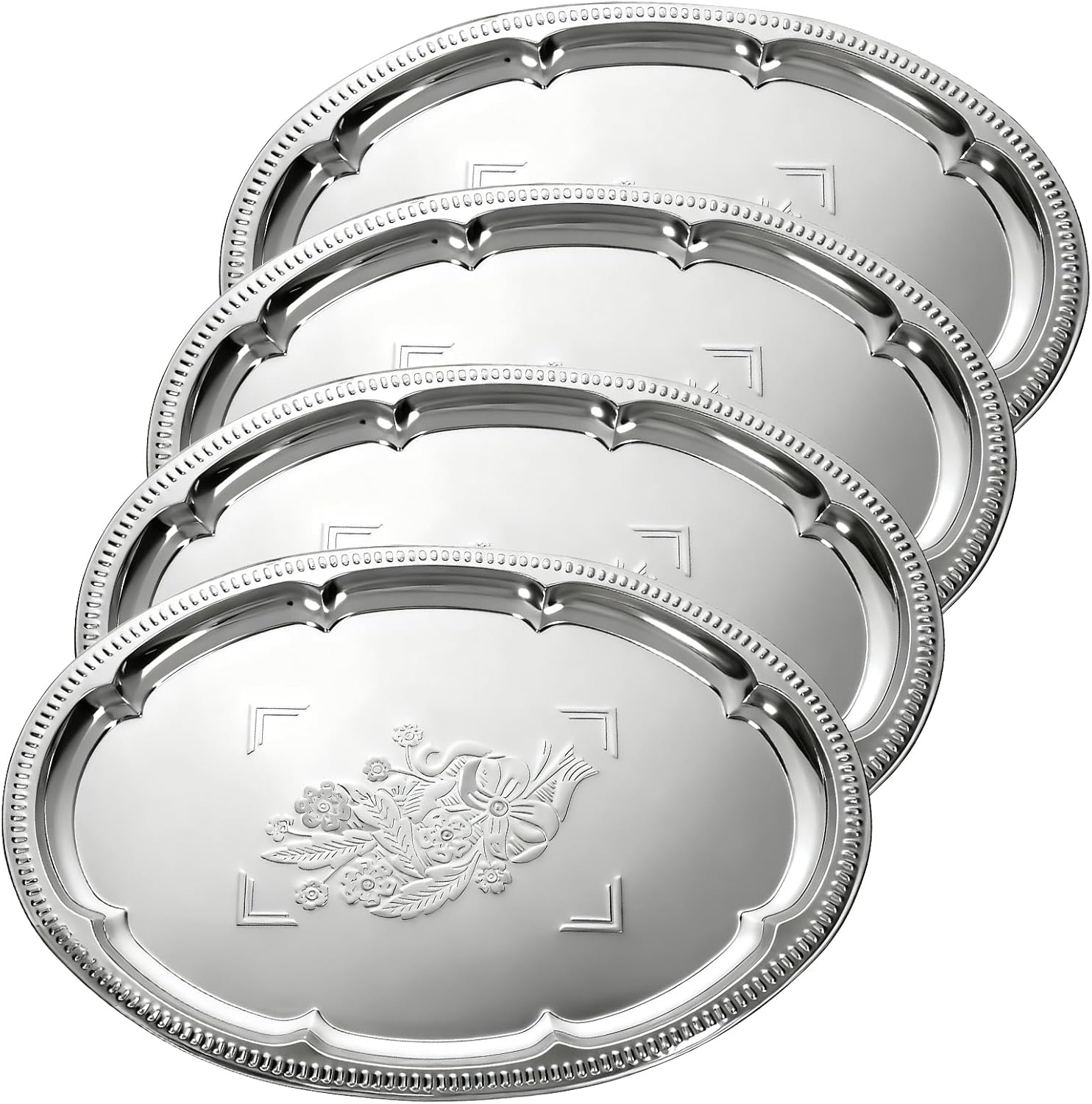 4 Pcs Large Silver Serving Trays, 15.7" x 11.8" Stainless Steel Oval ...