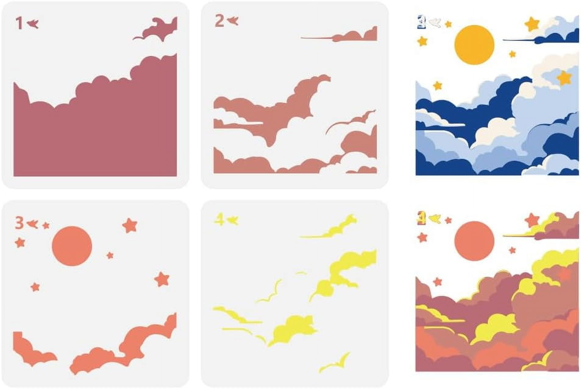 4 Pcs Layered Clouds Painting Stencil 4 Styles 5.9x5.9" PET Clouds Sun Star Pattern Spraying ...