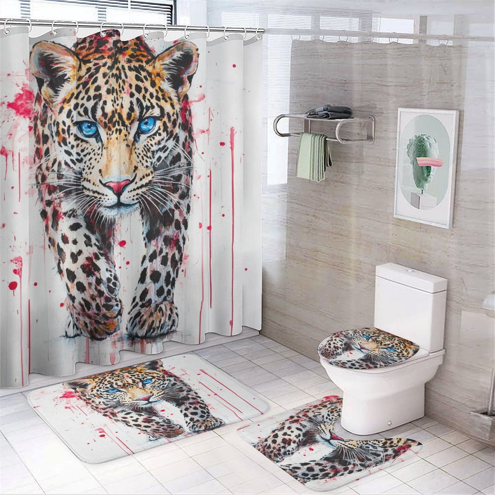 4 Pcs Leopard Lion Rose Shower Curtain Set with Non-Slip Rugs Bathroom ...