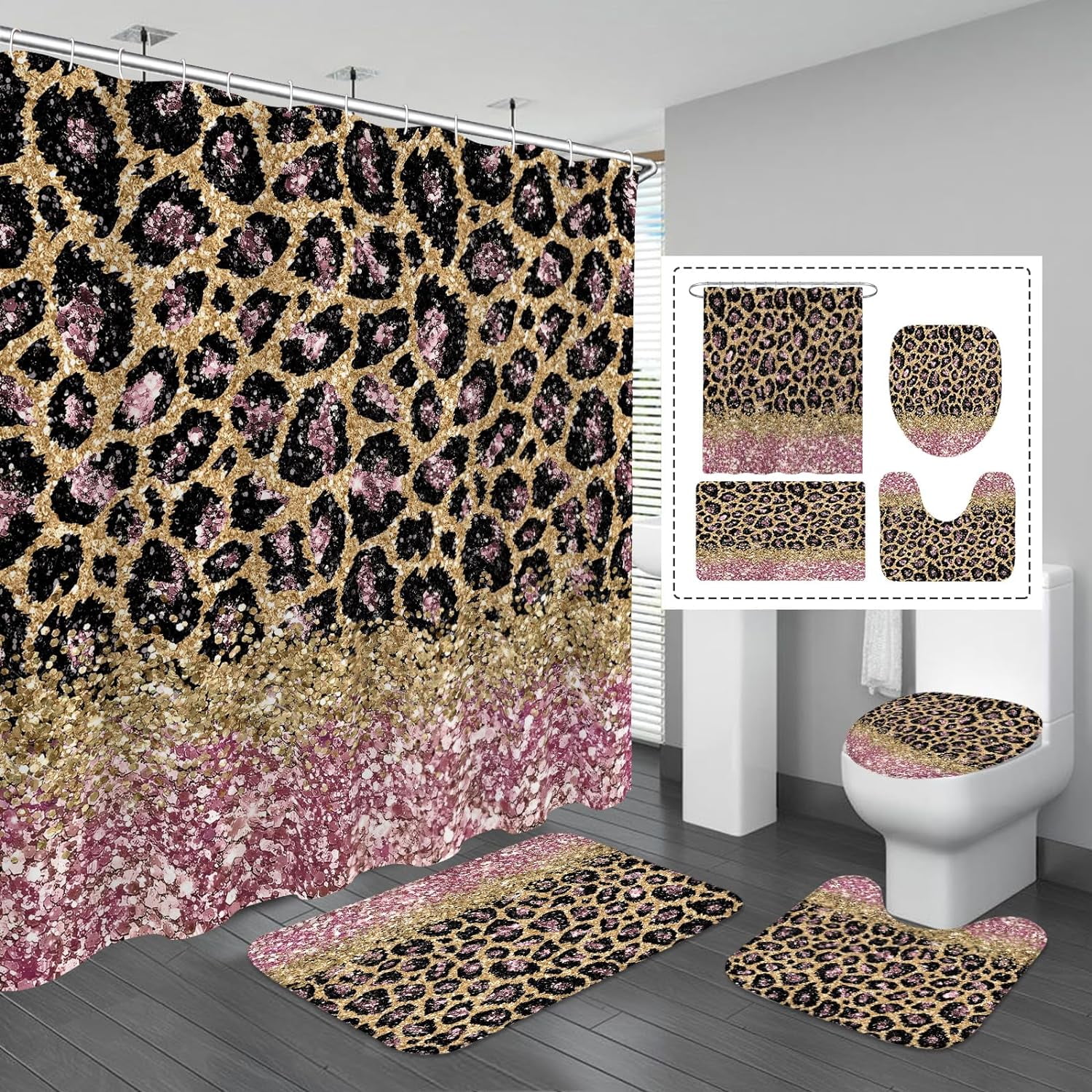 4 Pcs Leopard Print Shower Curtain Set with Non-Slip Rugs, Toilet Lid ...