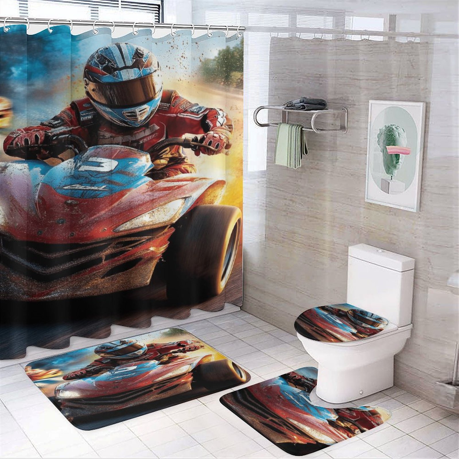 4 Pcs Lightning Pattern Race Car Shower Curtain Set with Non-Slip Rugs ...