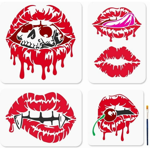 4 Pcs Lip Stencils Lip Skulls Stencil with Paint Brush 7.8-11.8 inch ...