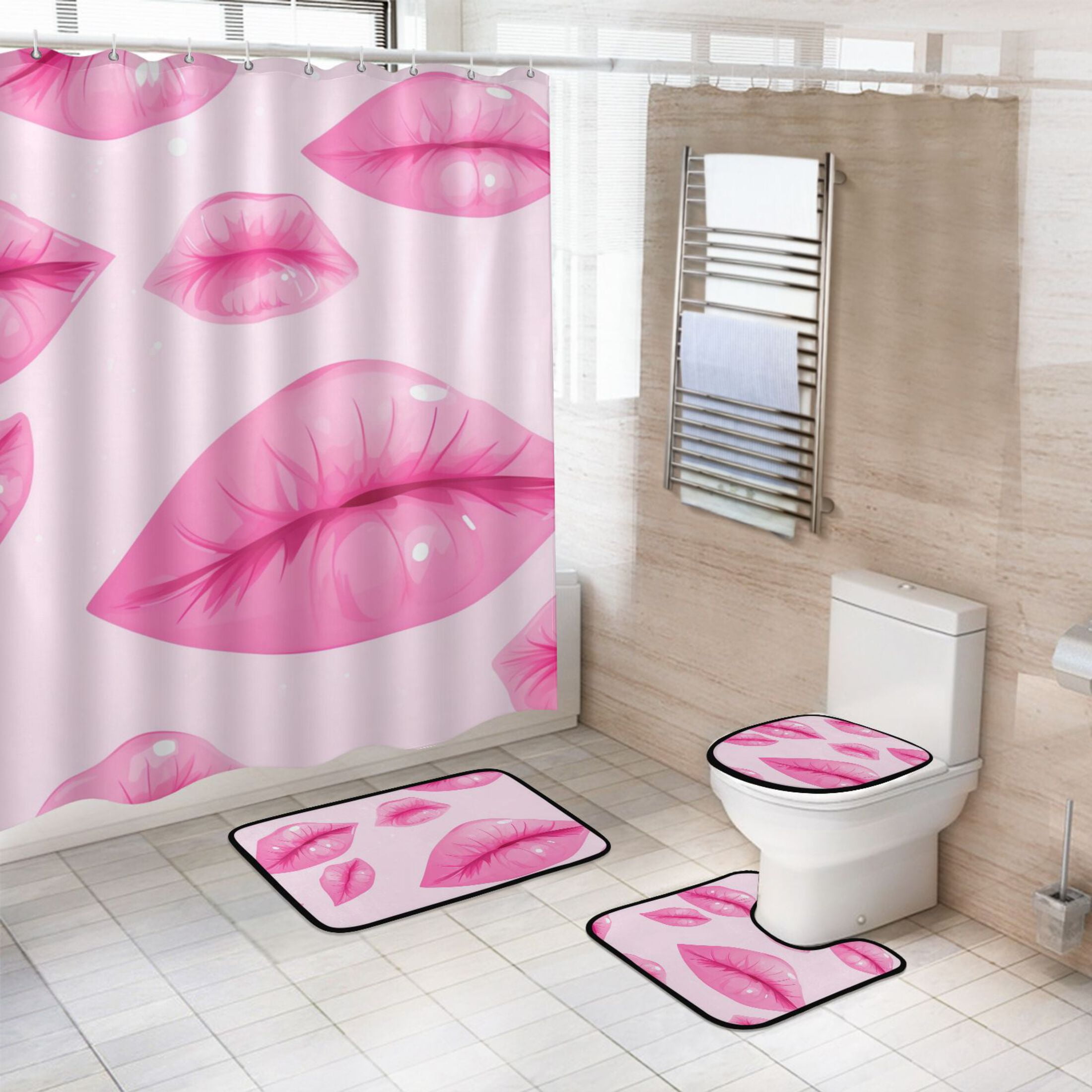 4 Pcs Lips Pink Bathroom Shower Curtain Set with 12 Hooks Bath Mat ...