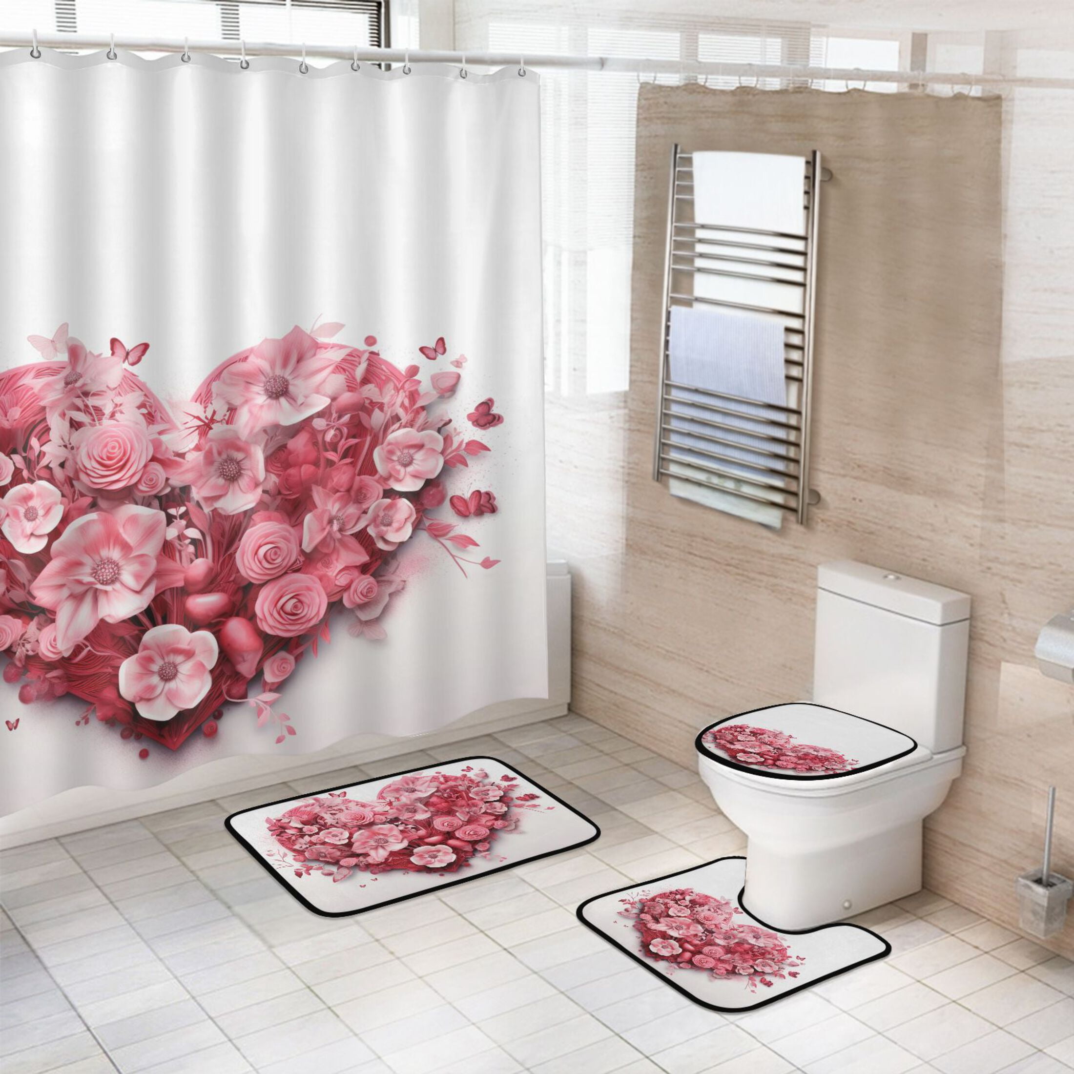 4 Pcs Love Valentine Floral Bathroom Shower Curtain Set with 12 Hooks ...