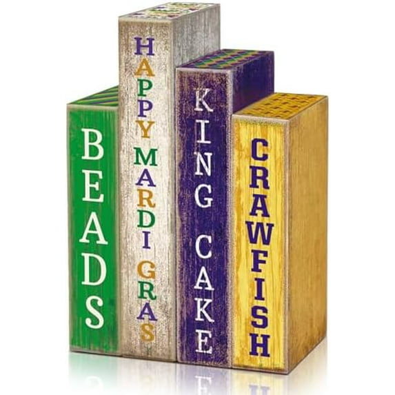 4 Pcs Mardi Gras Table Decor Rustic Wooden Book Sign Carnival Tiered ...