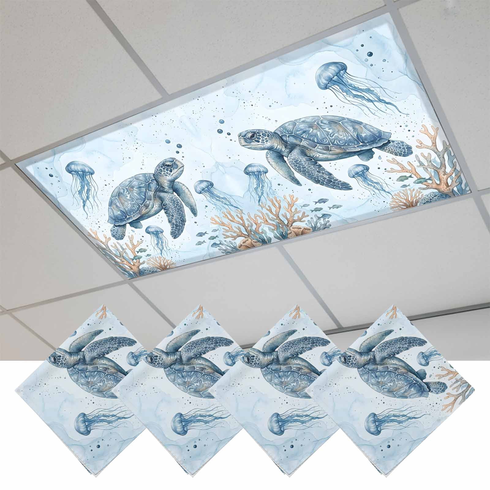 4 Pcs Marine Life Fluorescent Light Covers Blue Sea Turtle Jellyfish ...