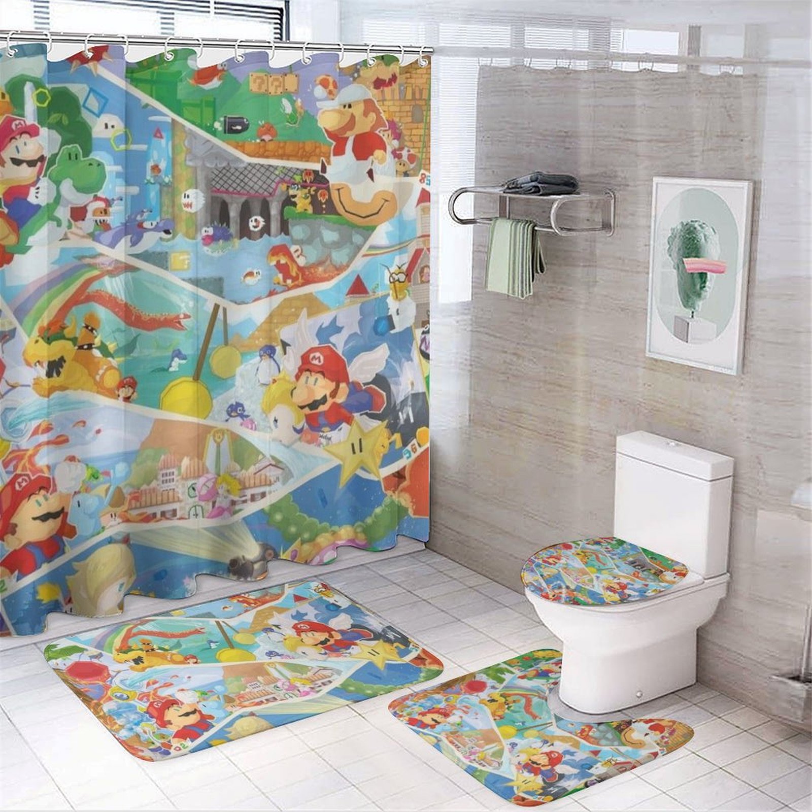 4 Pcs Mario Bathroom Sets with Shower Curtain And Rugs, Cartoon Anime ...