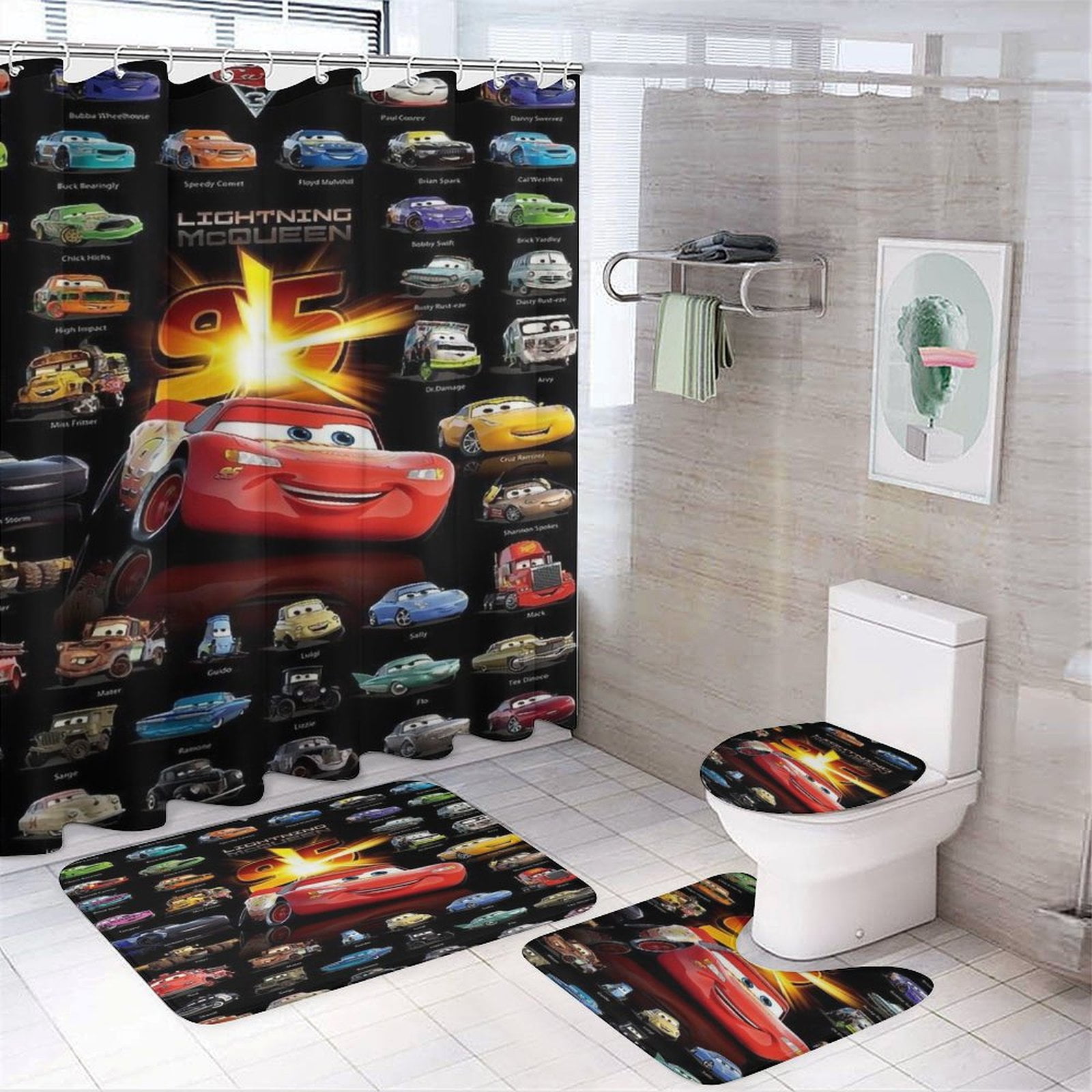 4 Pcs McQueen Cars Bathroom Set with Shower Curtain with Non-Slip Rugs ...