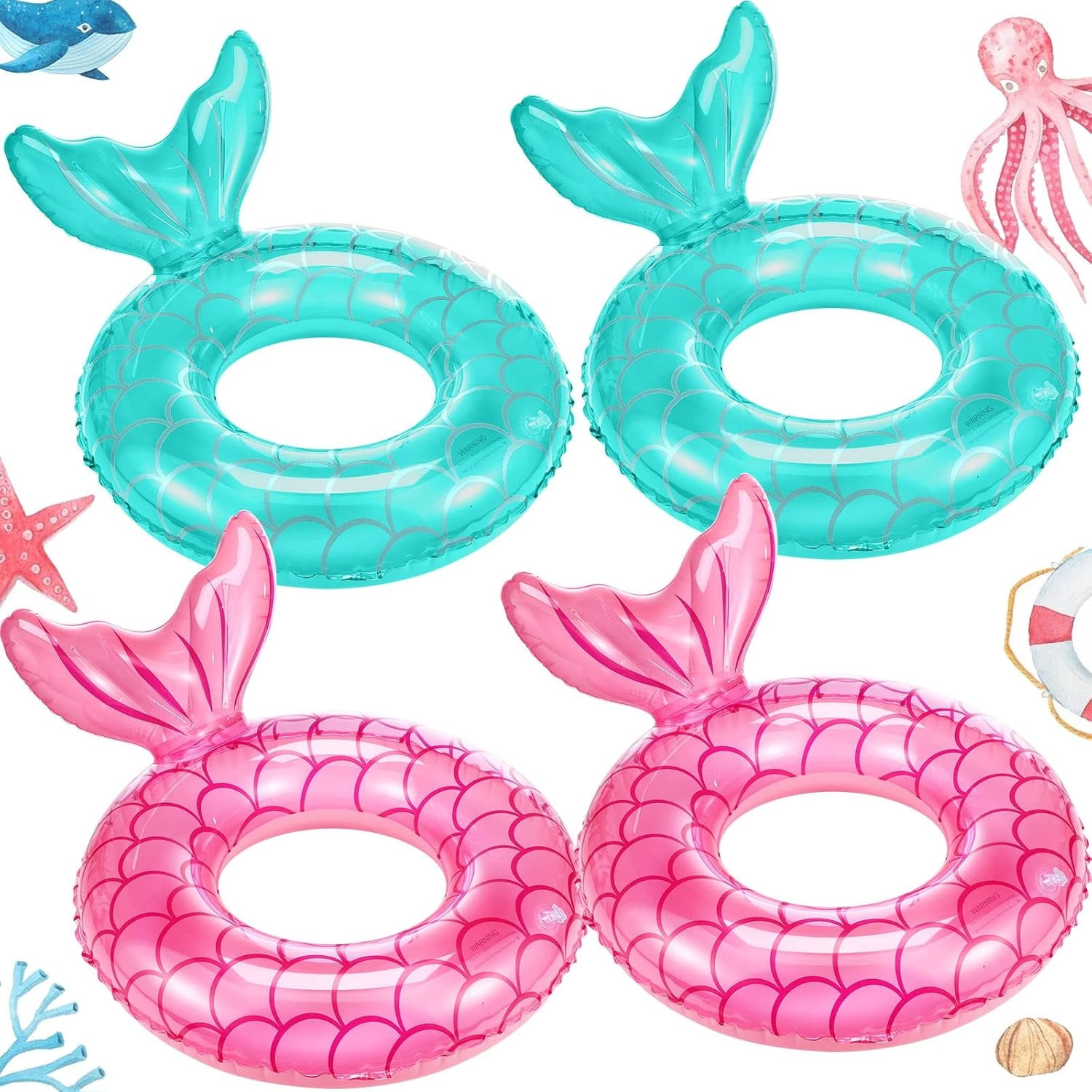 4 Pcs Mermaid Pool Float Inflatable Swimming Ring Mermaid Tail Shaped ...