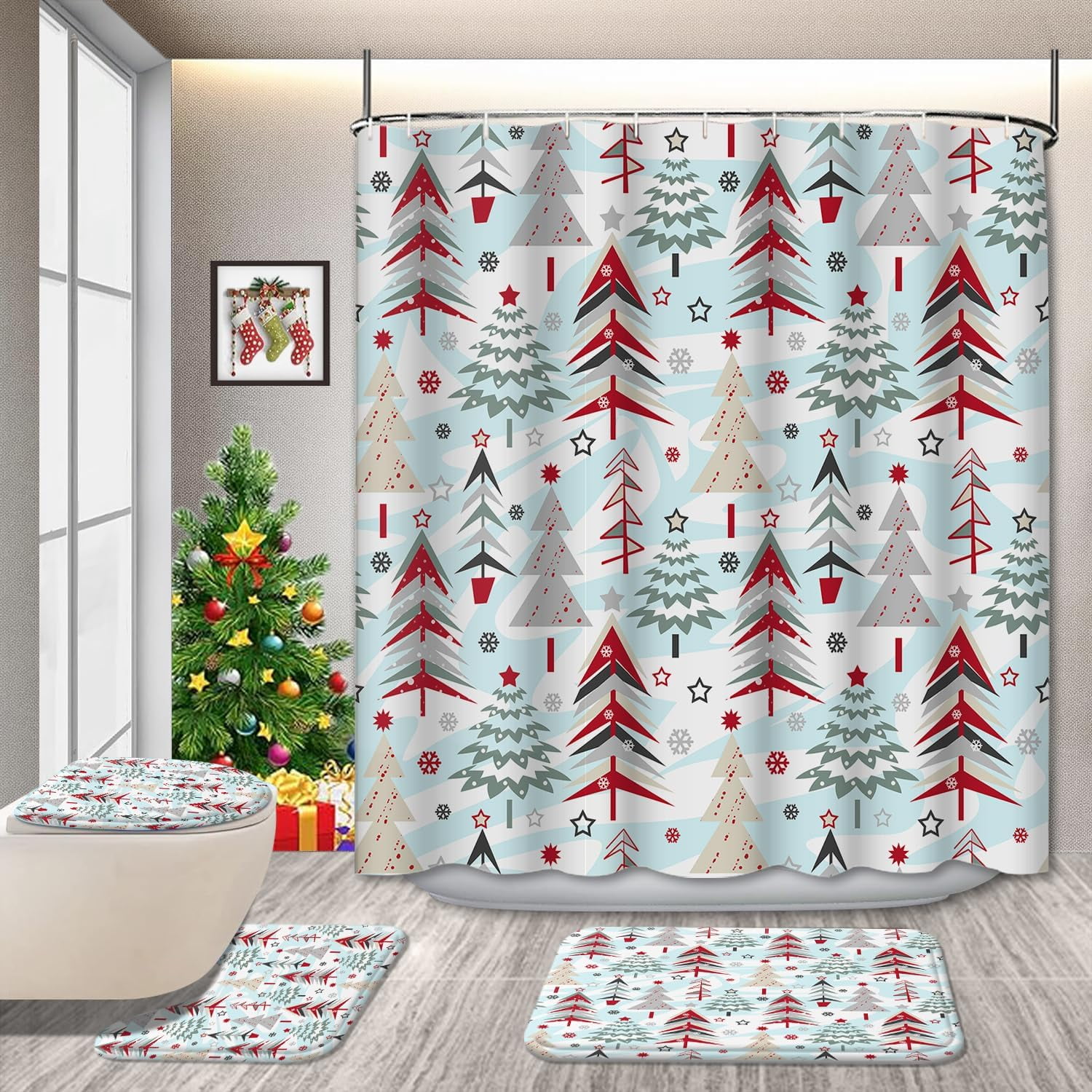 4 Pcs Merry Christmas Gnome Shower Curtains Sets with 12 Hooks, Red ...