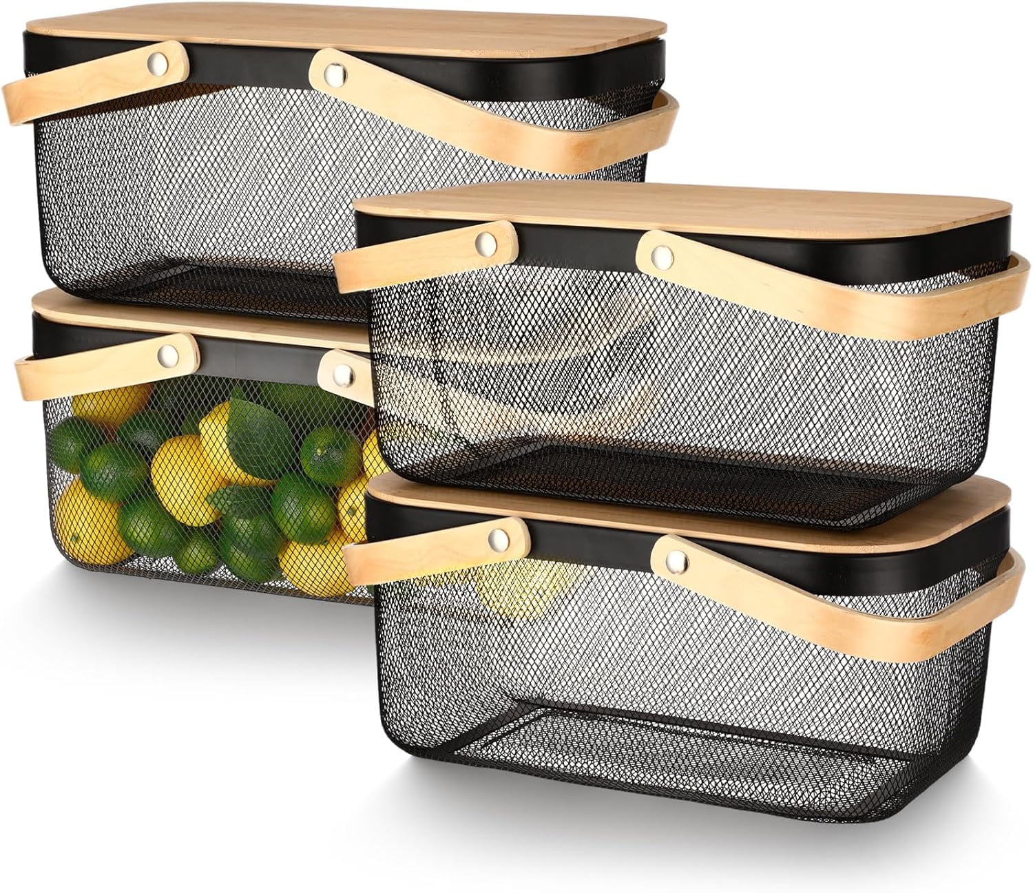 4 Pcs Mesh Steel Basket with Handles and Lids 16 x 9.8 Inch Large Wire Mesh Basket Garden ...