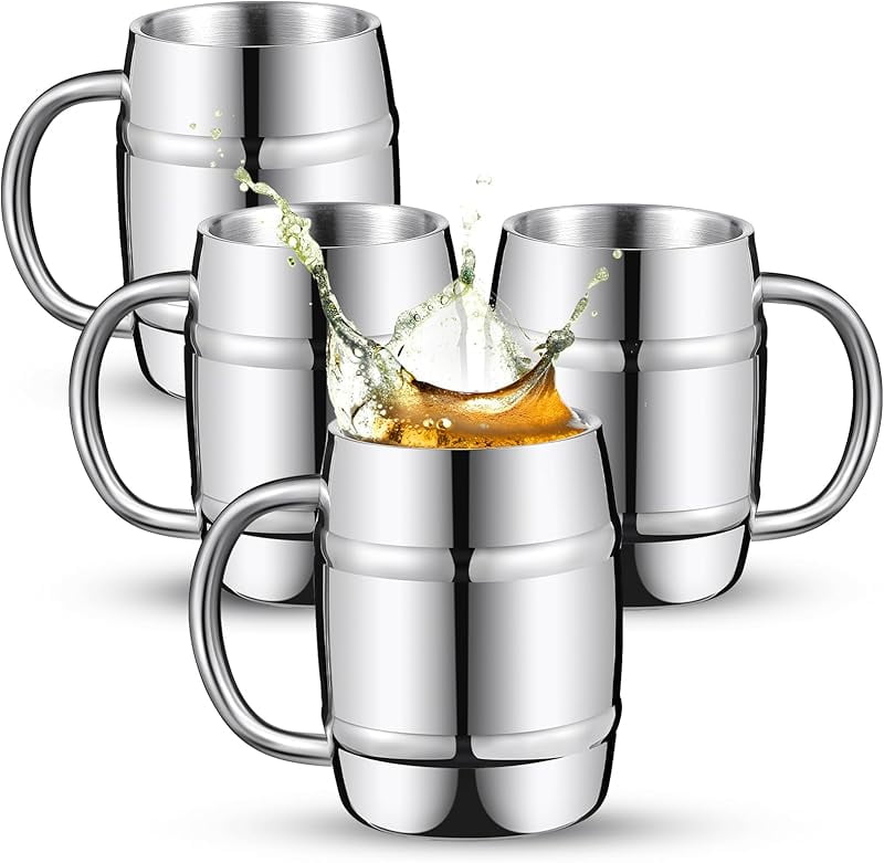 4 Pcs Metal Barrel Stainless Steel Metal Mugs, 15 oz Double Wall Beer ...