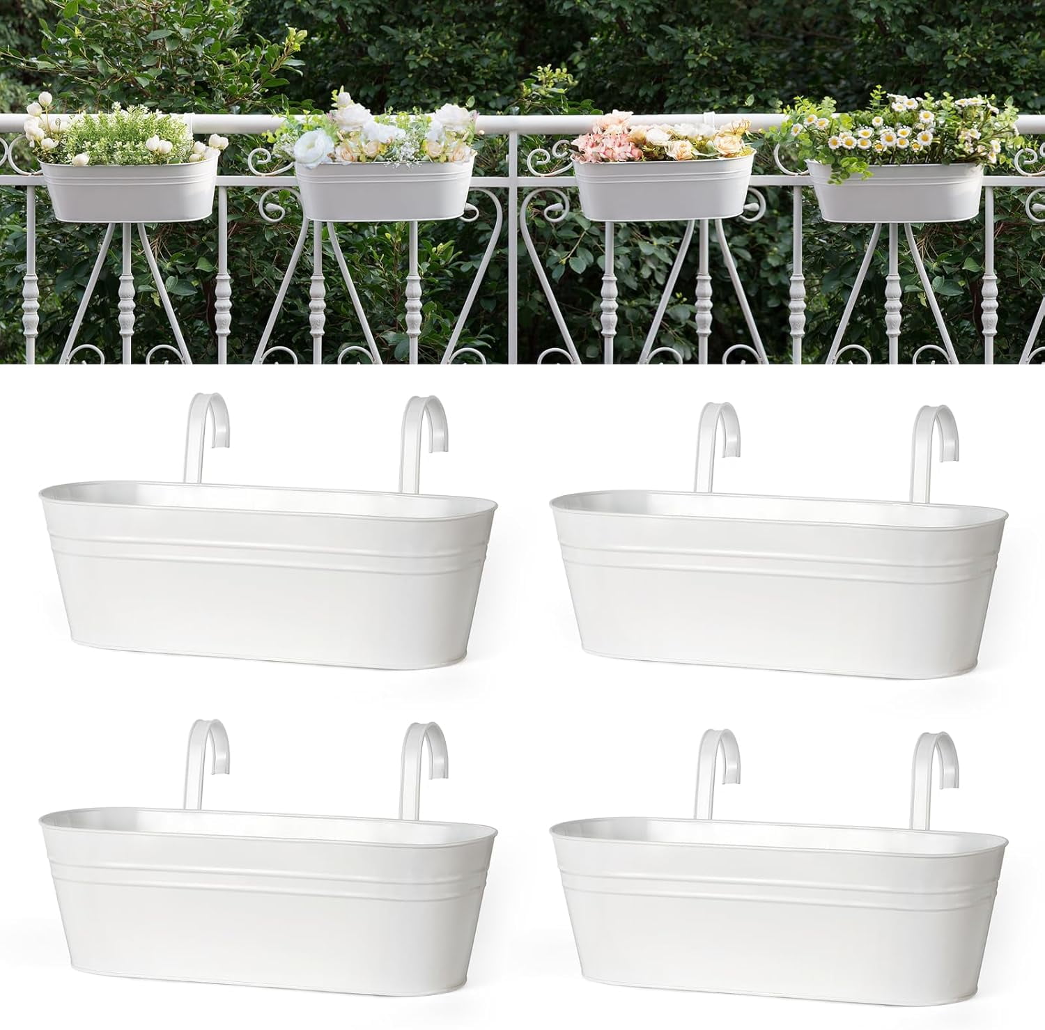 4 Pcs Metal Iron Hanging Flower Pots for Railing Fence 15.7 Inch ...