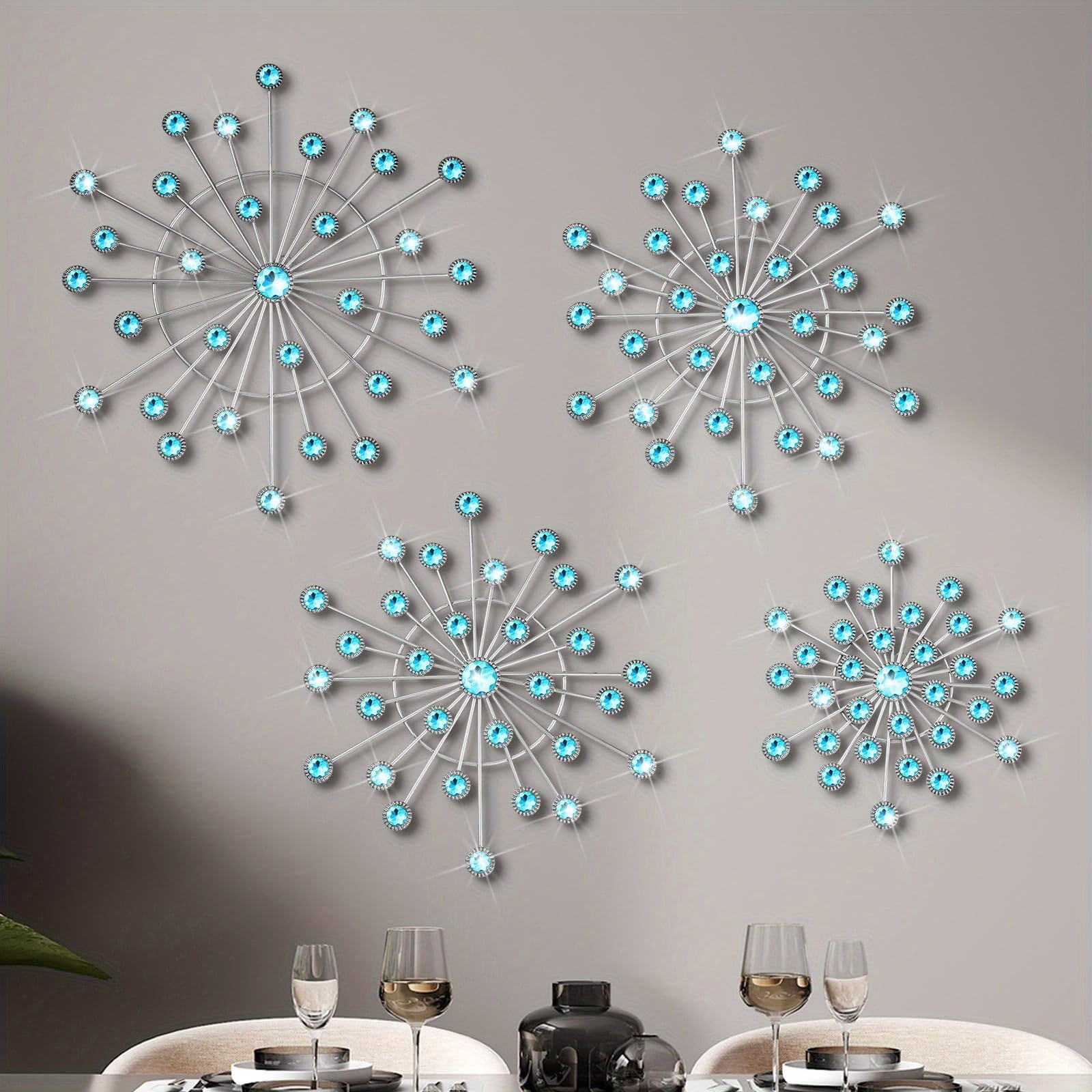 4 Pcs Metal Wall Art-Starburst Rhinestone Silver Wall Decor, Bling ...