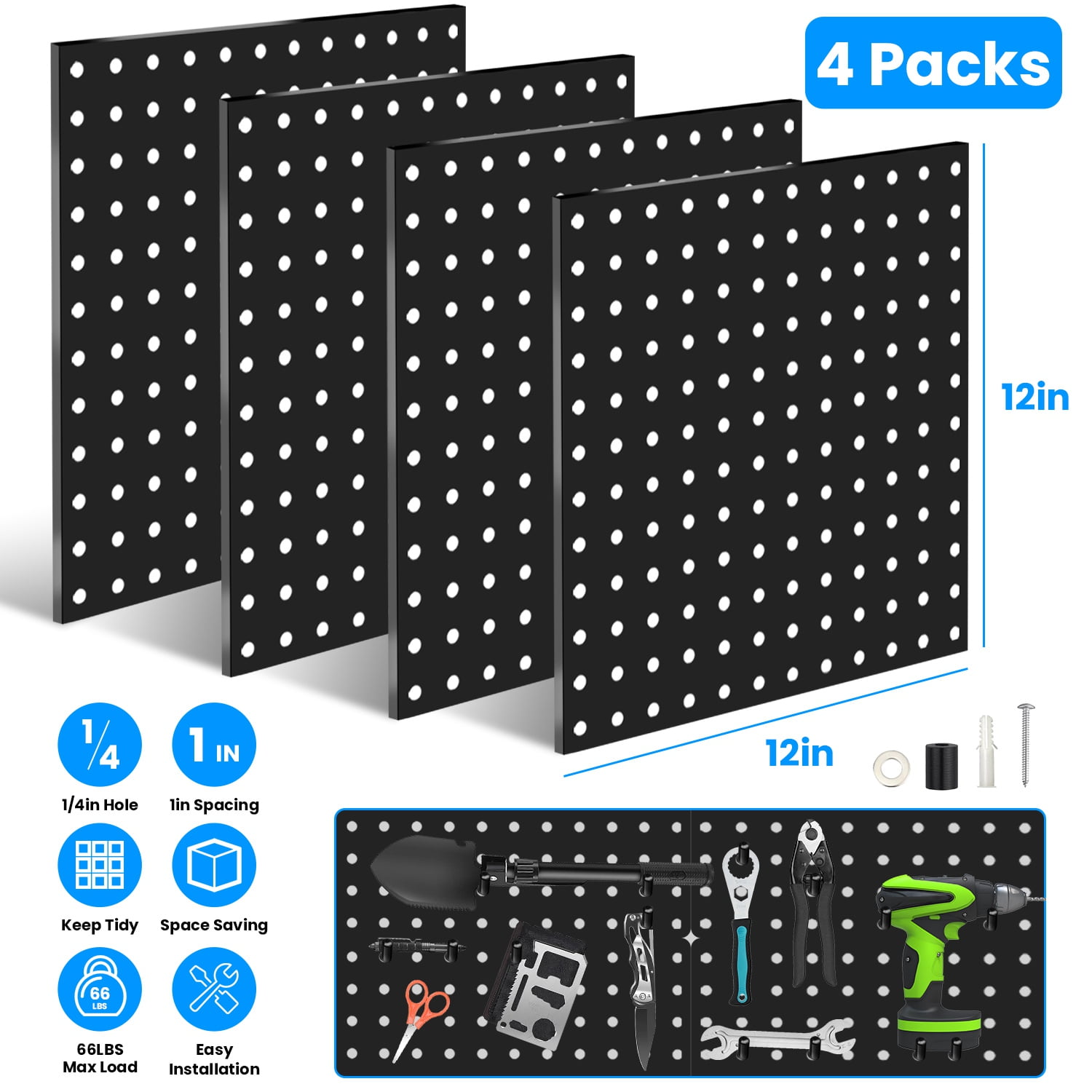 4 Pcs Metal Wall Organizer Black Pegboards Storage Hanger Tool Panel ...