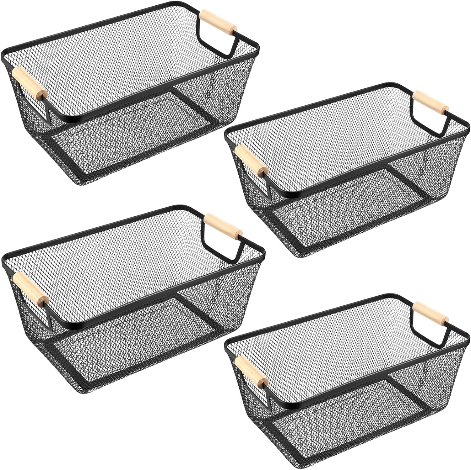 4 Pcs Metal Wire Basket with Wooden Handles Mesh Steel Storage Baskets ...