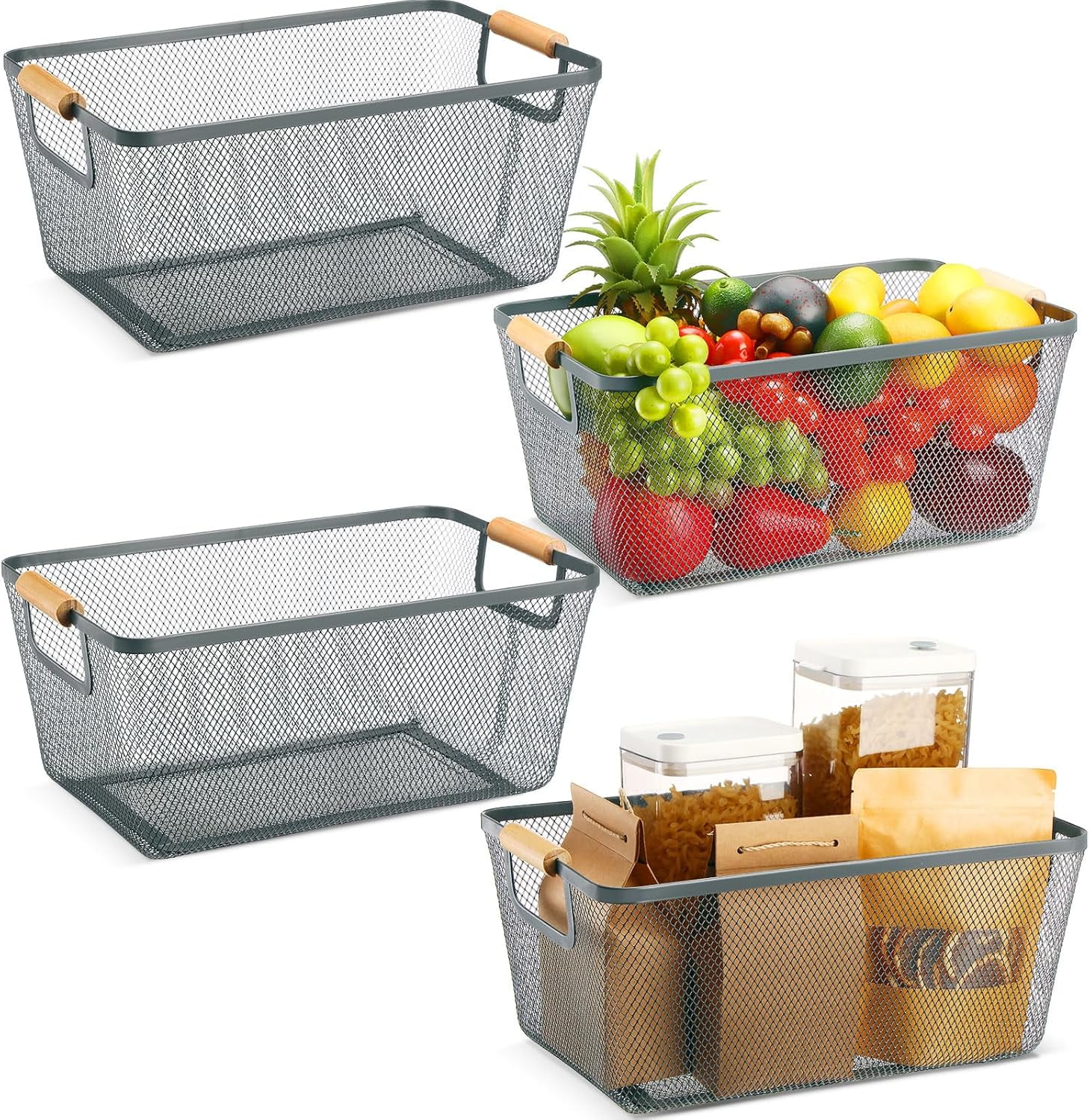 4 Pcs Metal Wire Basket with Wooden Handles Mesh Steel Storage ...