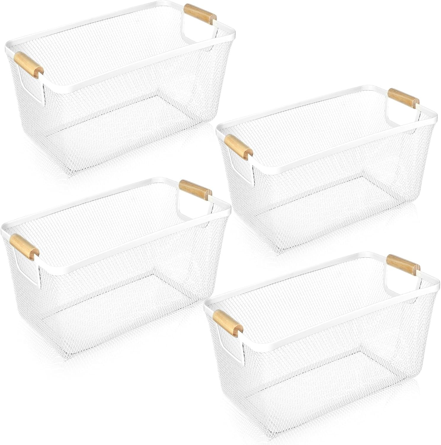 4 Pcs Metal Wire Basket with Wooden Handles Mesh Steel Storage ...