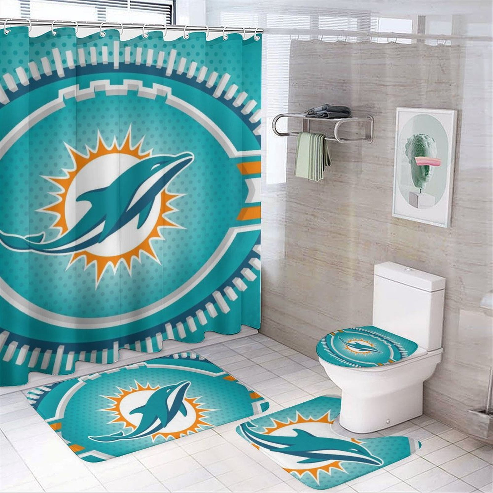 4 Pcs Miami Shower Curtain Set with Toilet Lid Cover Mat, Non-Slip Rug ...