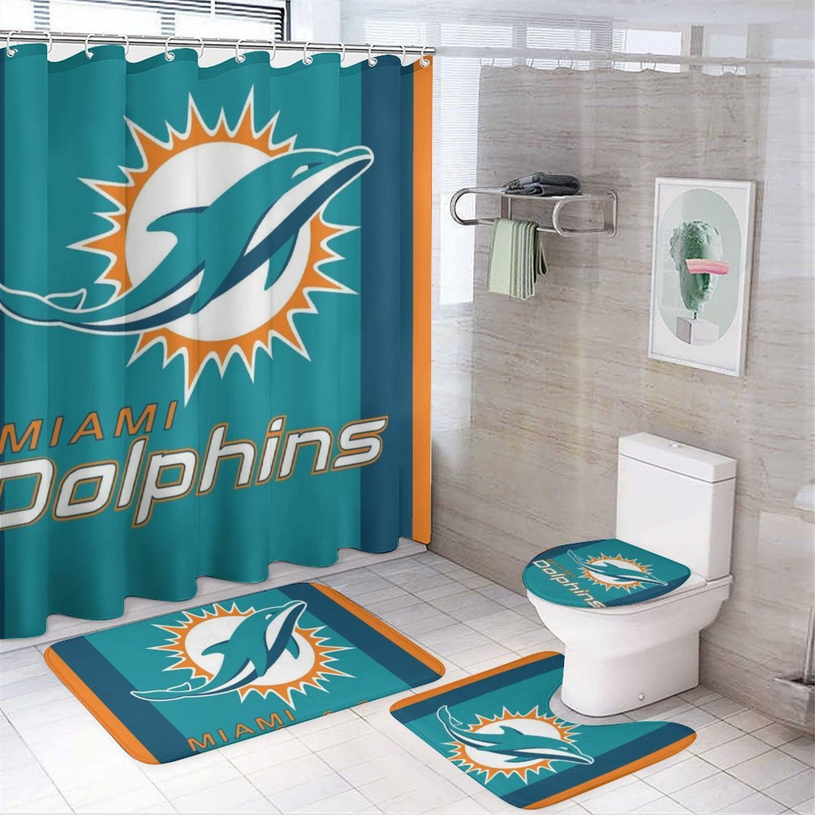4 Pcs Miami Shower Curtain Set with Toilet Lid Cover Mat, Non-Slip Rug ...